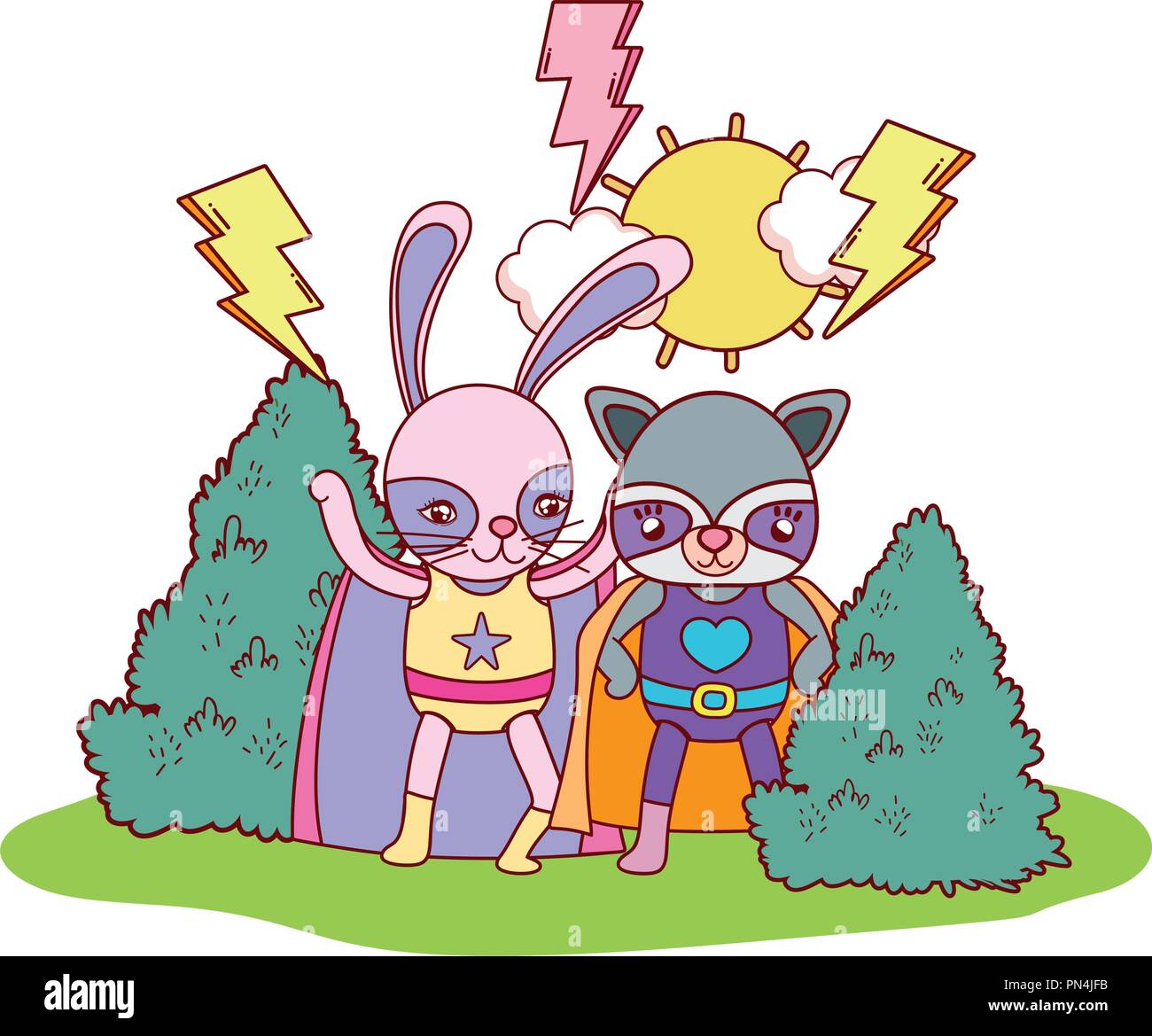 rabbit and raccoon friends wearing costumes in the landscape Stock ...
