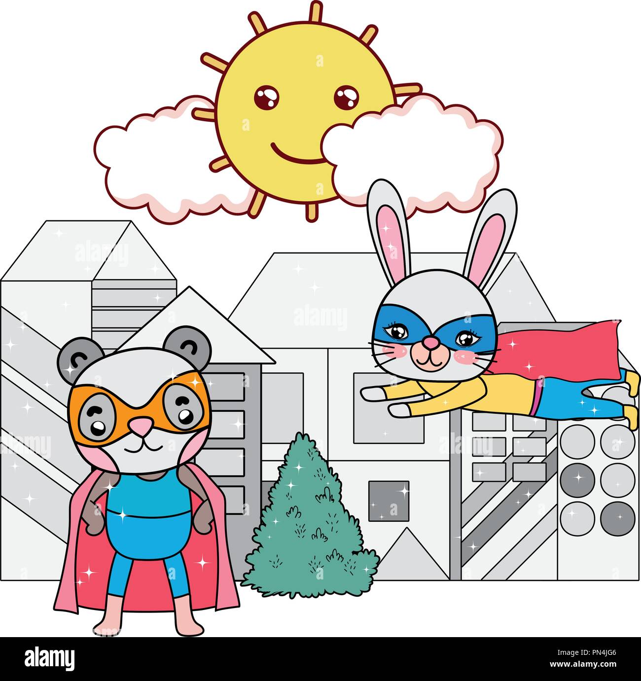 rabbit and panda wearing costumes and kawaii sun Stock Vector Image ...