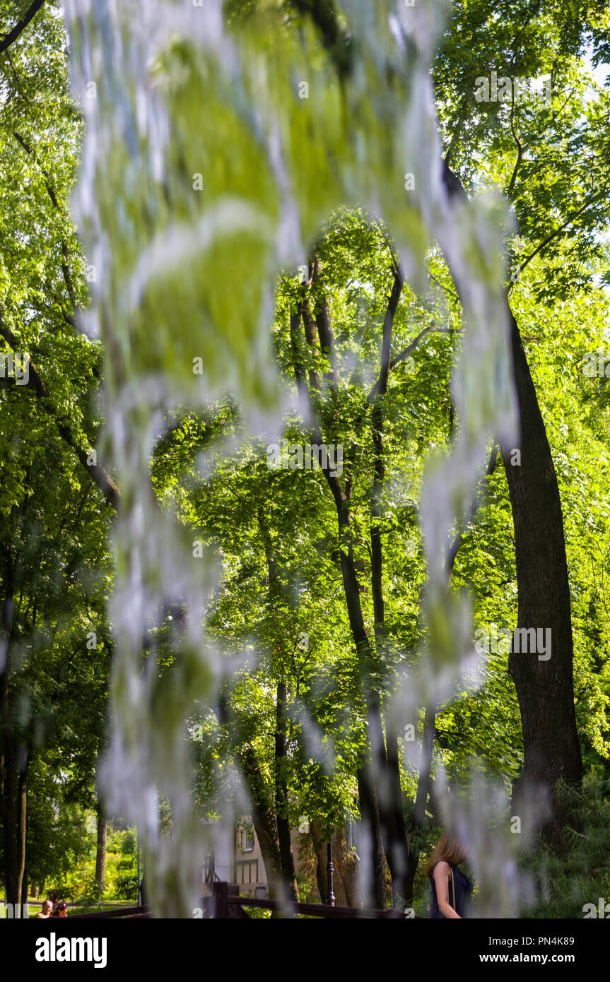 transparent falling water vertical flows against a blue sky and green ...