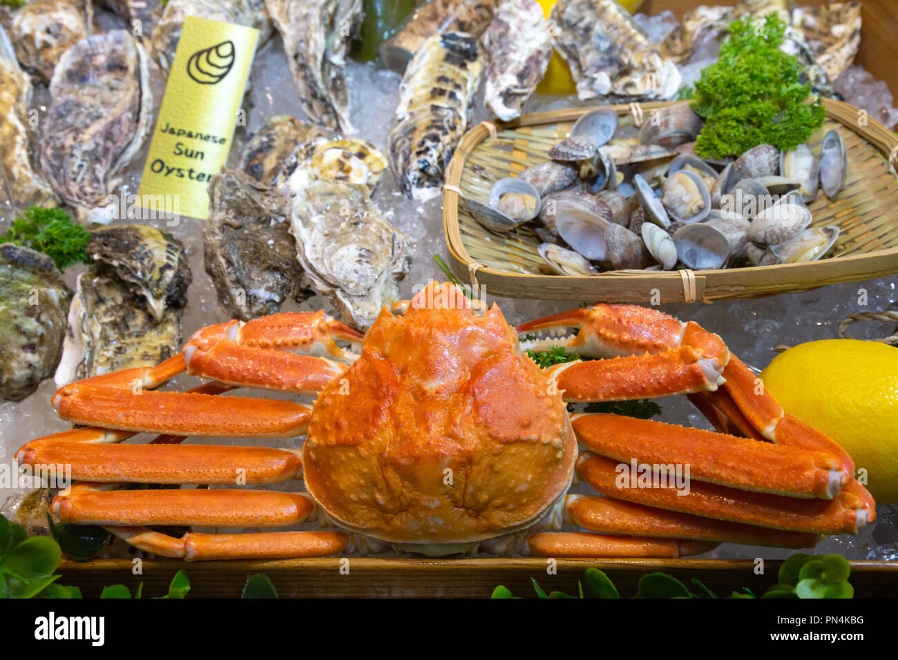 fresh red snow crab, japanese sun oysters and other seafood display on ...