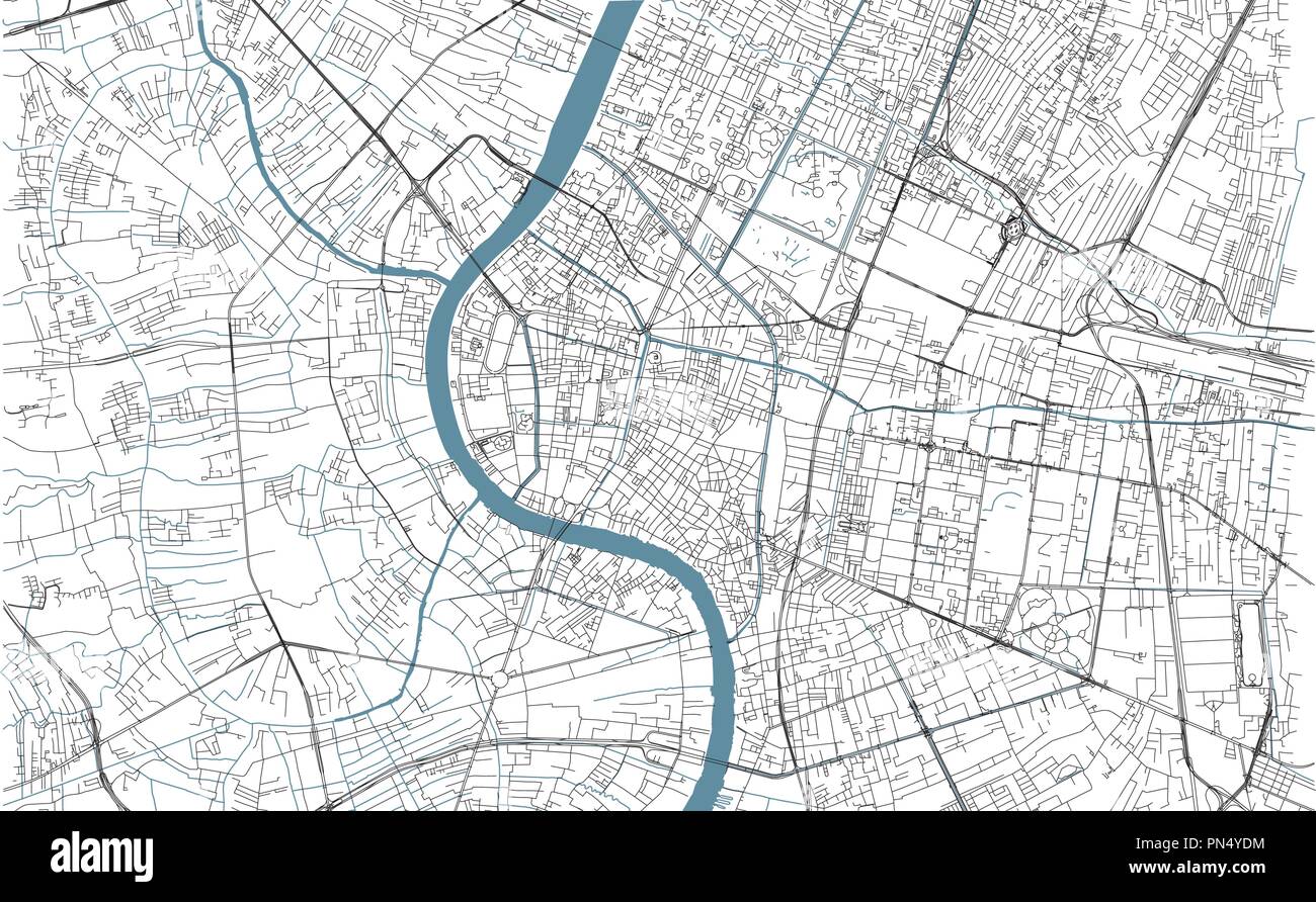 Bangkok map, satellite view, city, Thailand. Streets and rivers on a ...