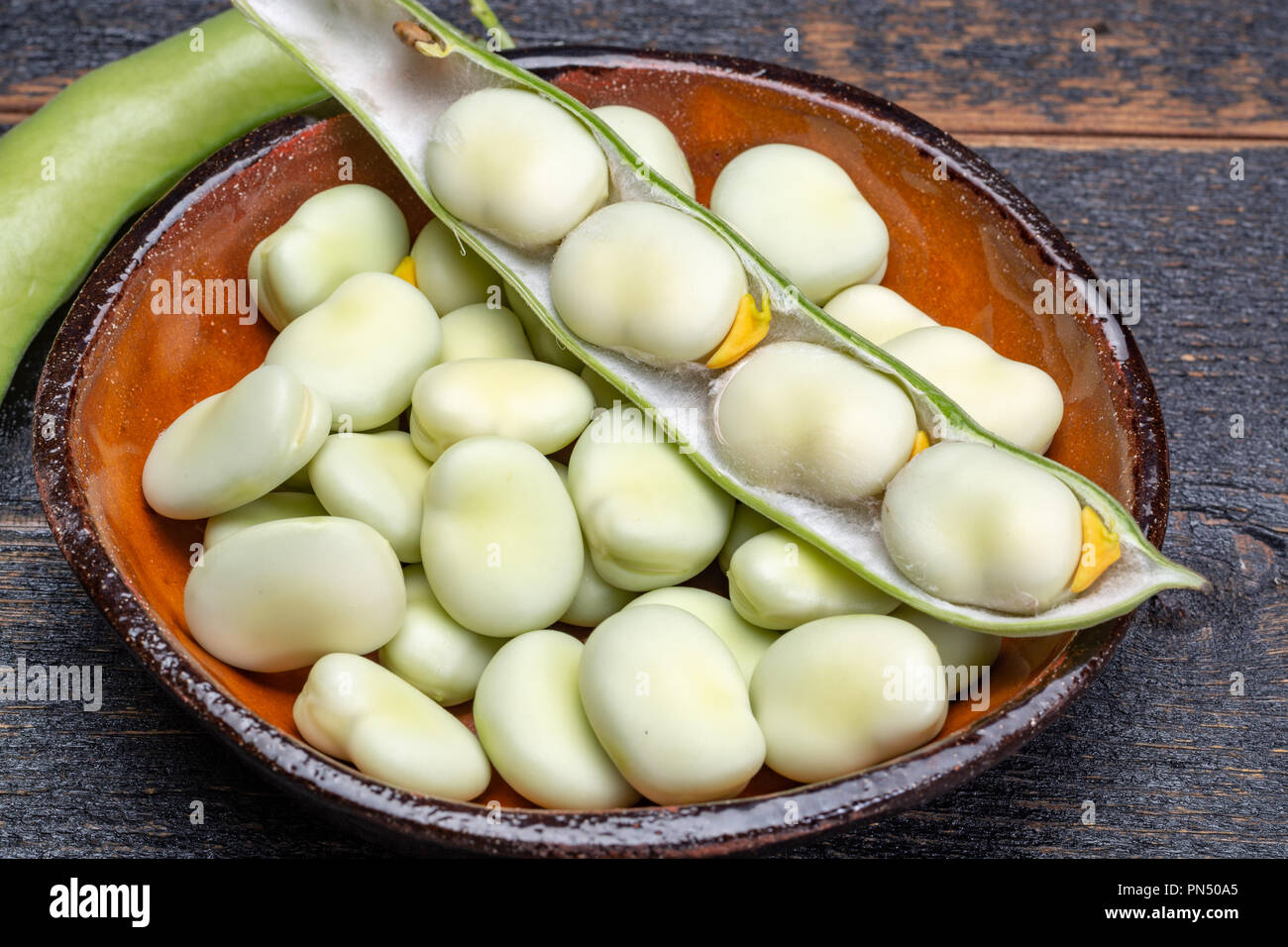 New harvest of healthy vegetables, green fresh raw big broad beans ...