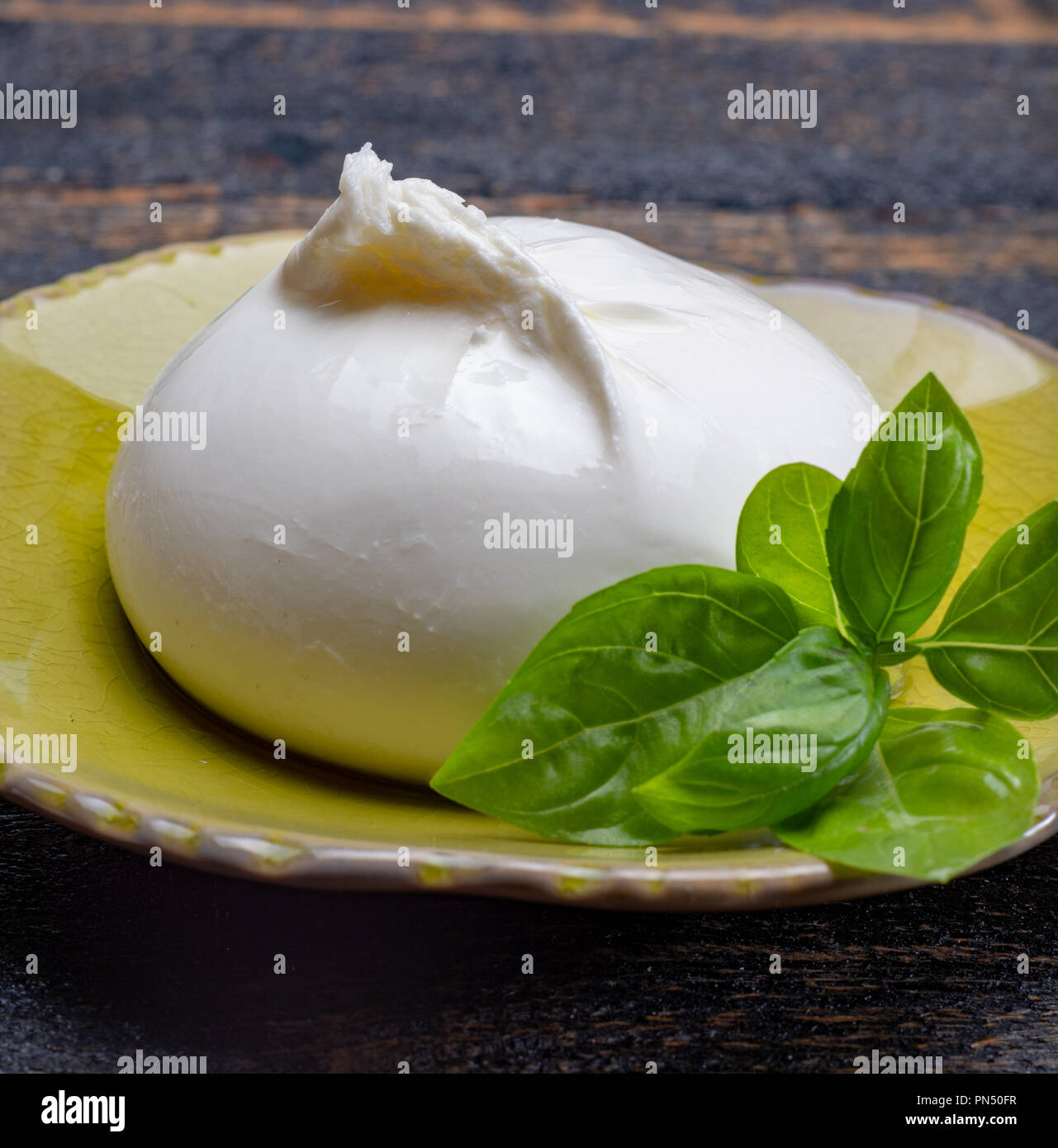 Fresh soft white burrata, ball buttery cheese, made from a mix of ...