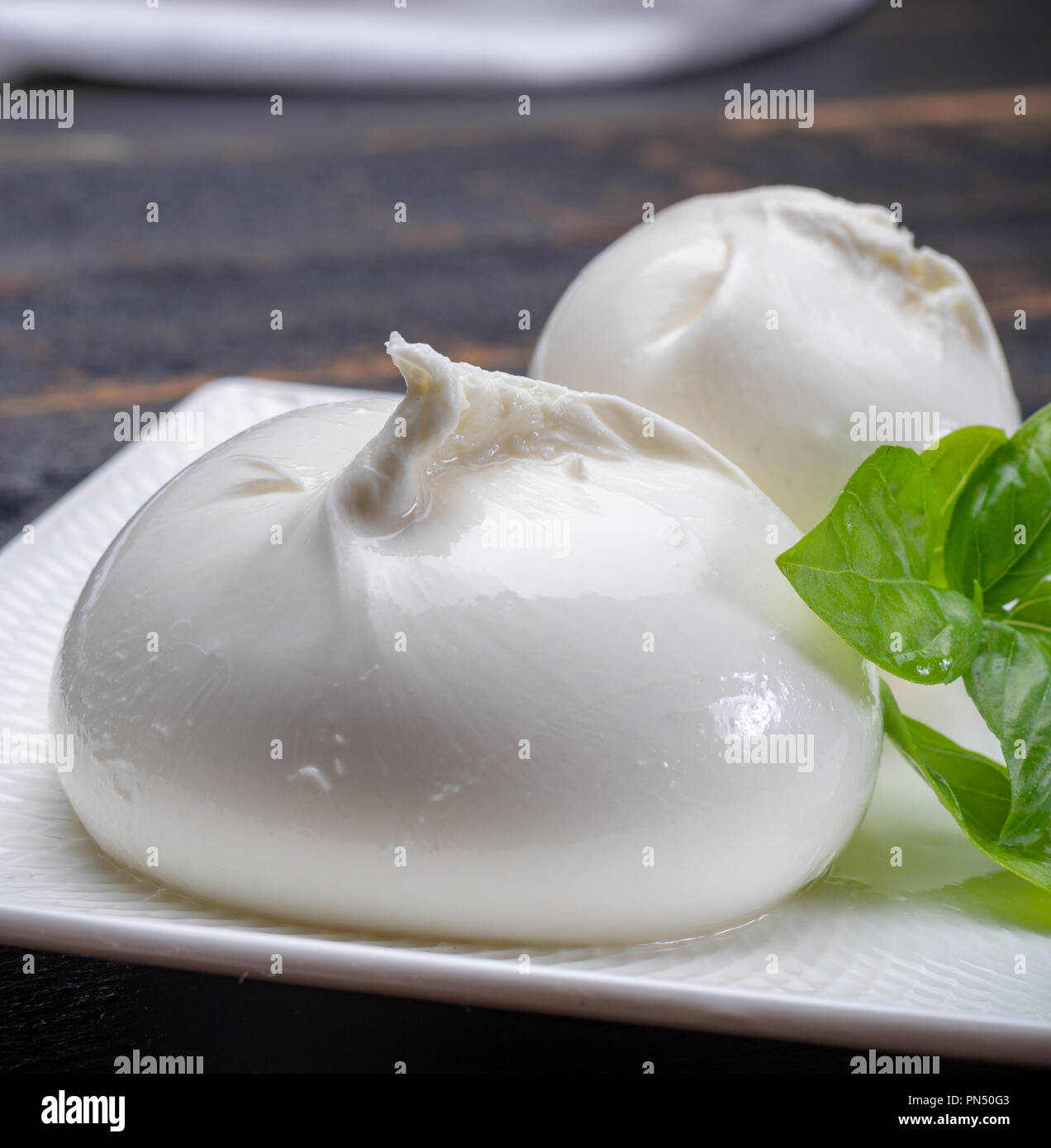 Fresh soft white burrata, ball buttery cheese, made from a mix of ...