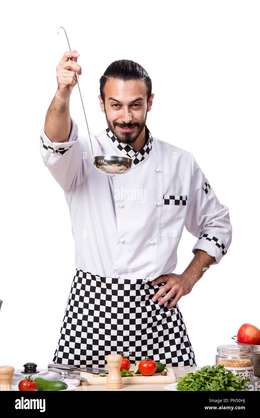 Funny male cook isolated on the white background Stock Photo - Alamy