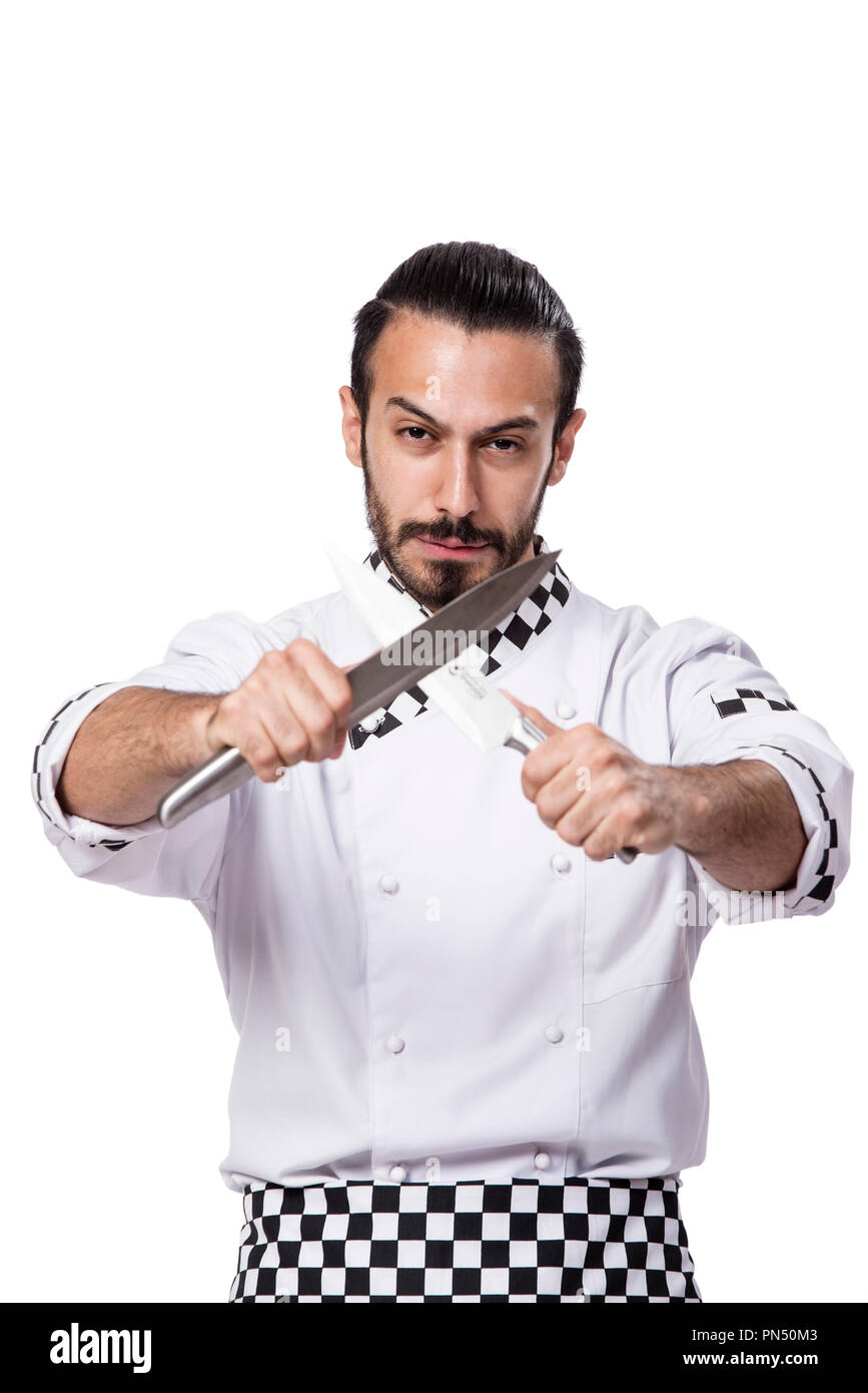 Funny male cook isolated on the white background Stock Photo - Alamy