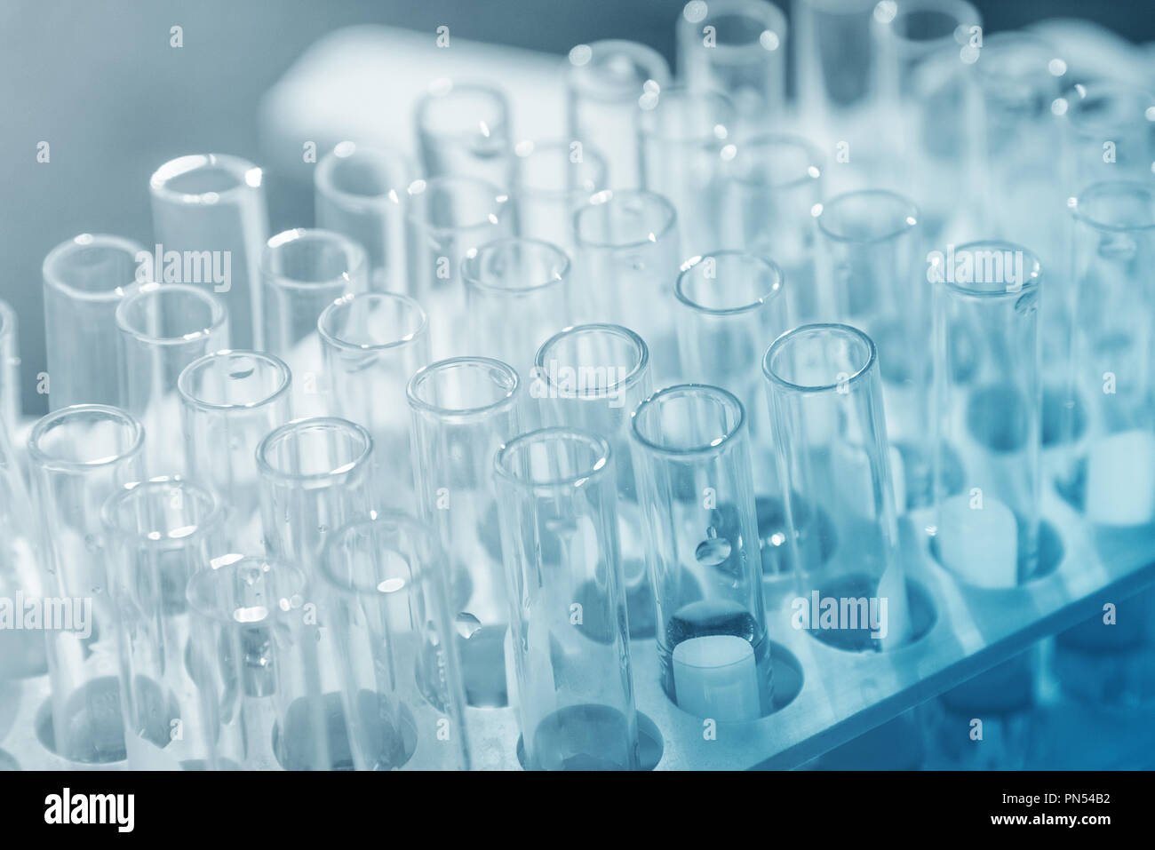 Lab science research glass items adding drop to one of several test ...