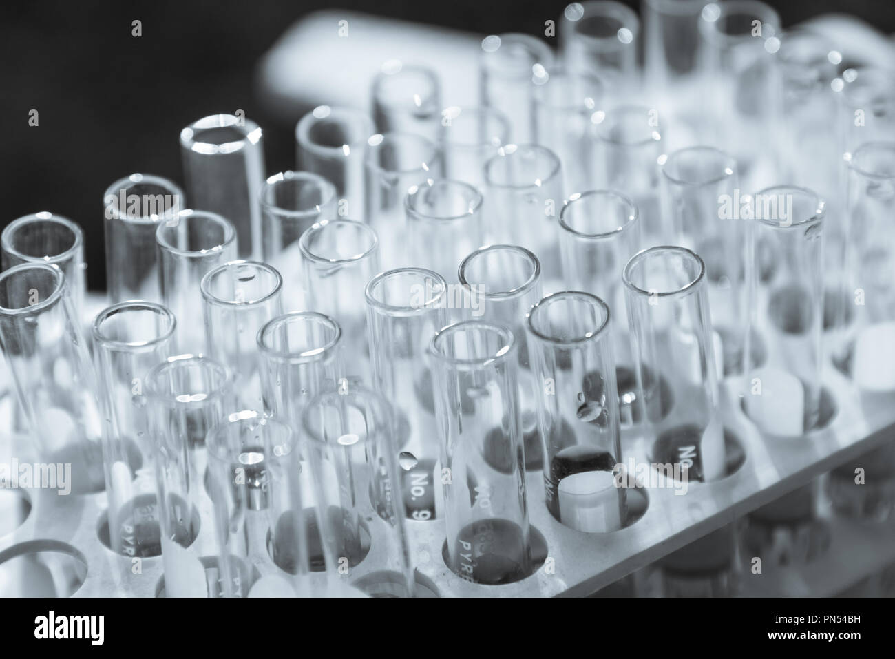 Lab science research glass items adding drop to one of several test ...