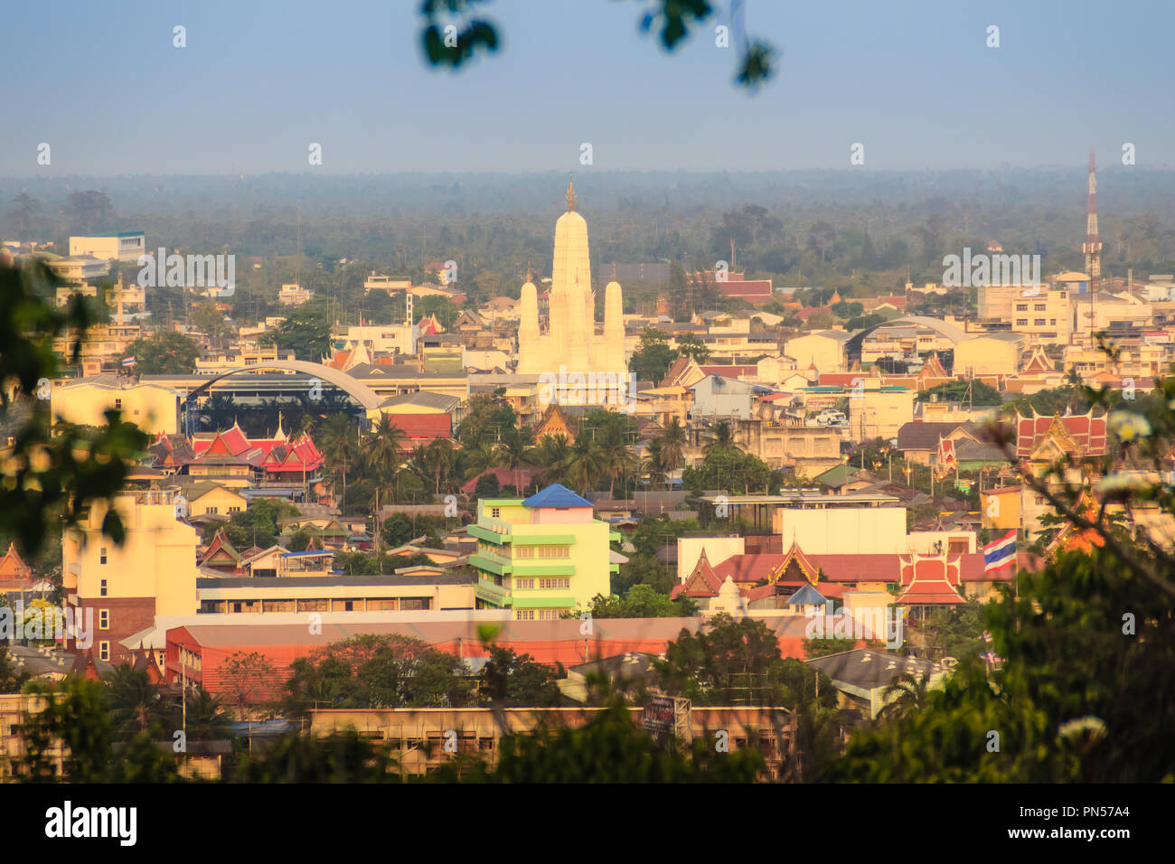 Aerial view of Phetchaburi city with Wat Mahathat Worawihan from hills ...