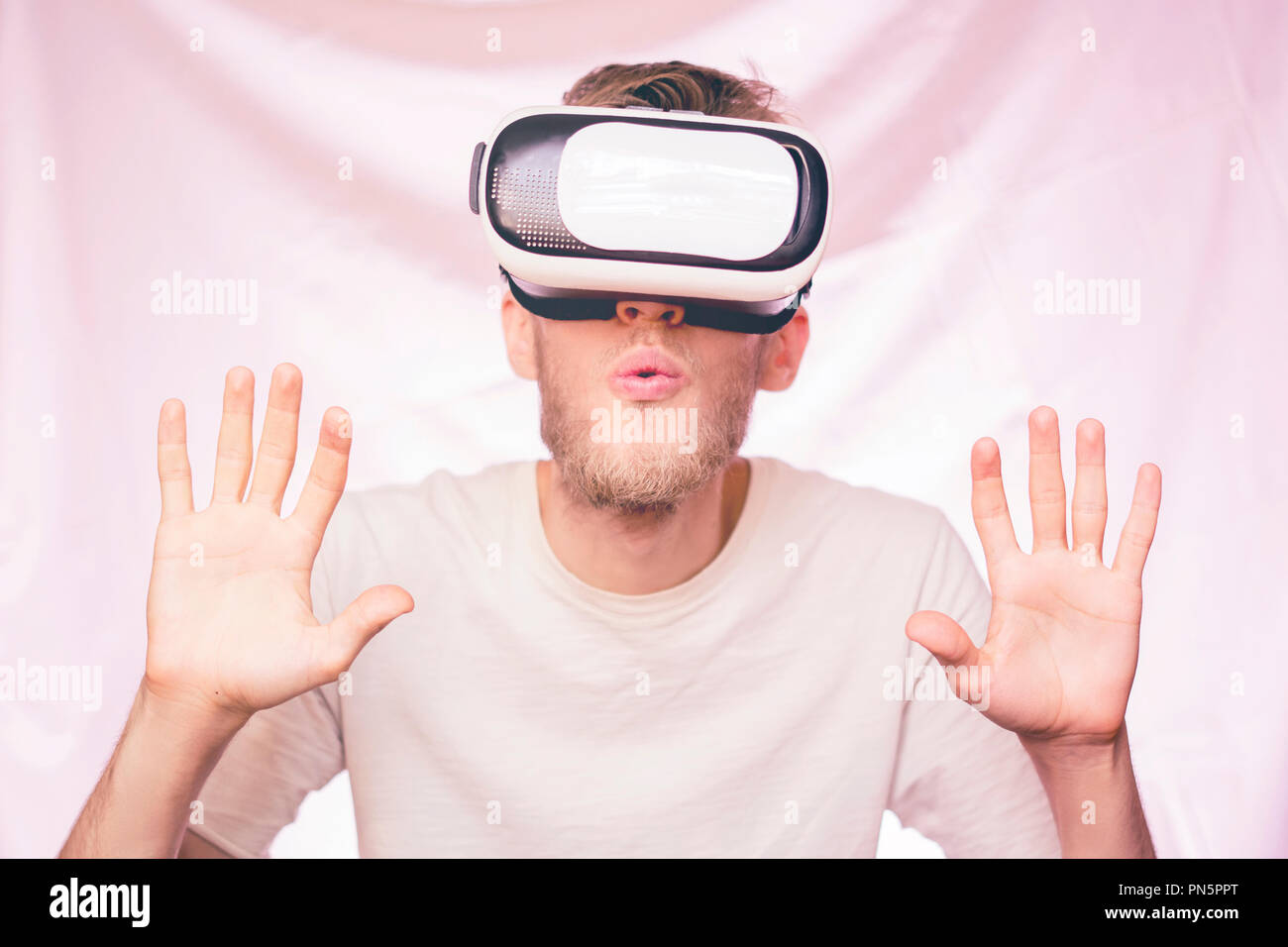 young man hands gestures in virtual reality vr glasses isolated Stock ...