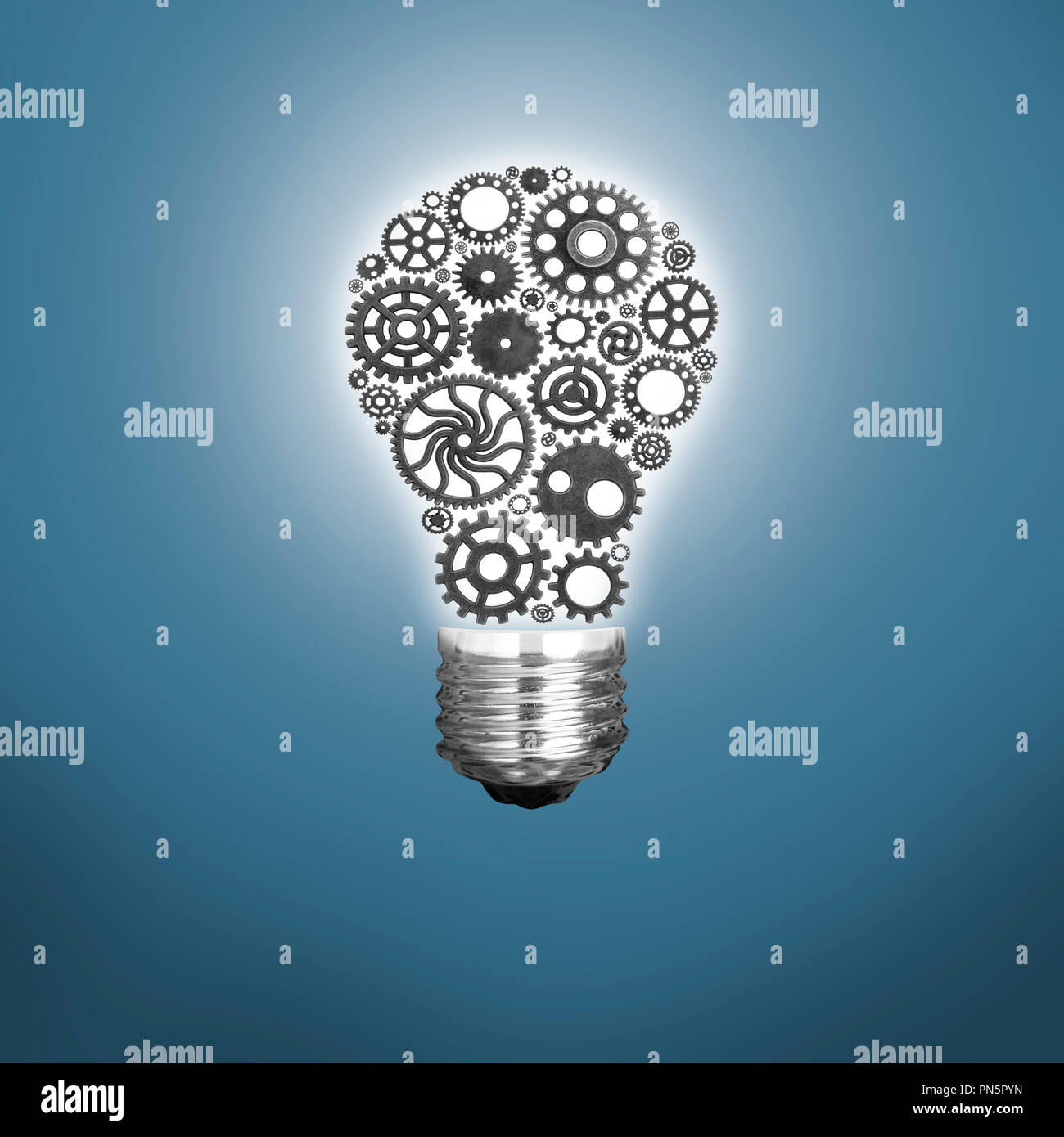Innovation with ideas and concepts featuring a light bulb cogs working ...