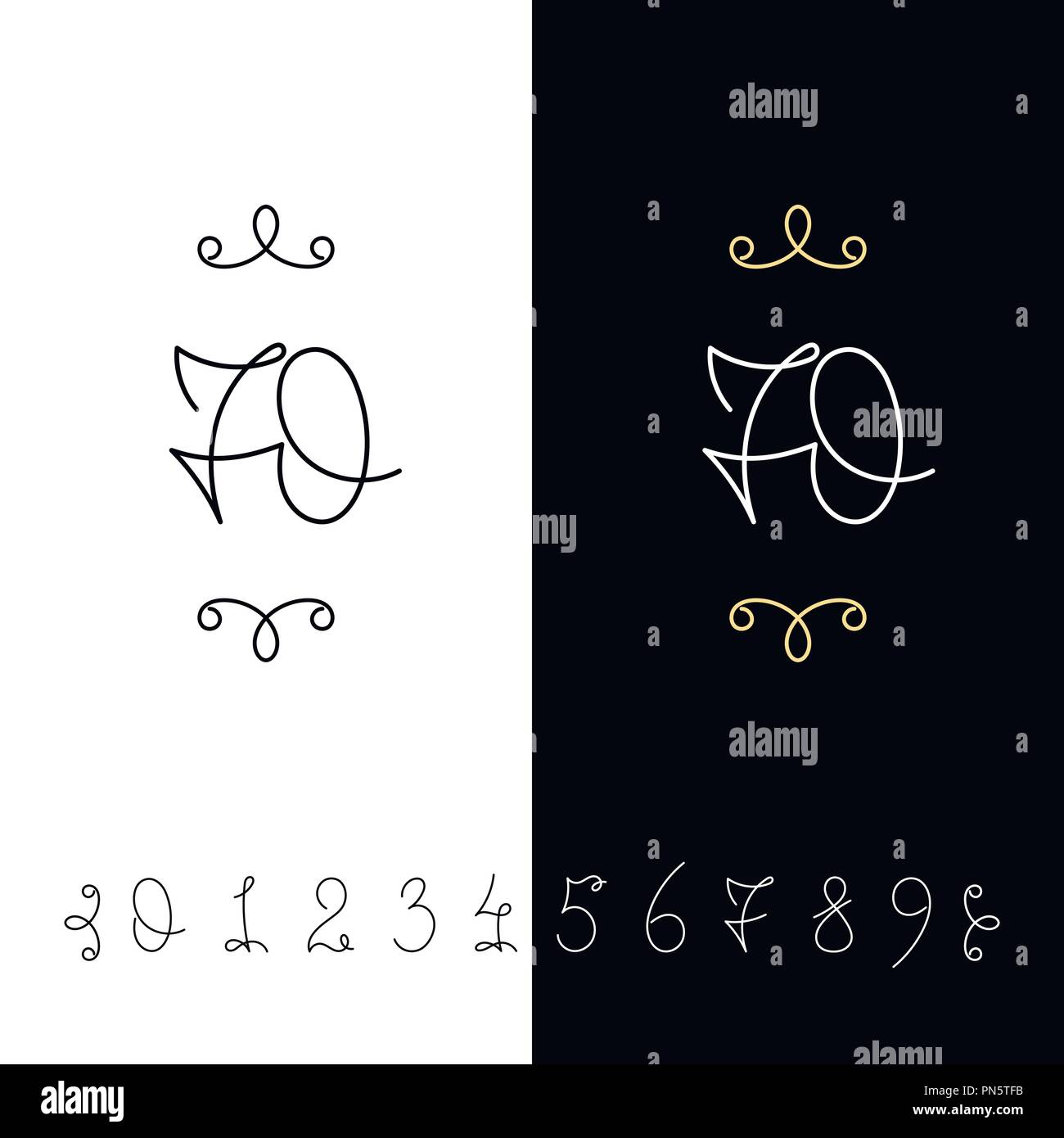 Set of vector calligraphy numbers from 0 to 9. Lined ornate monogram ...