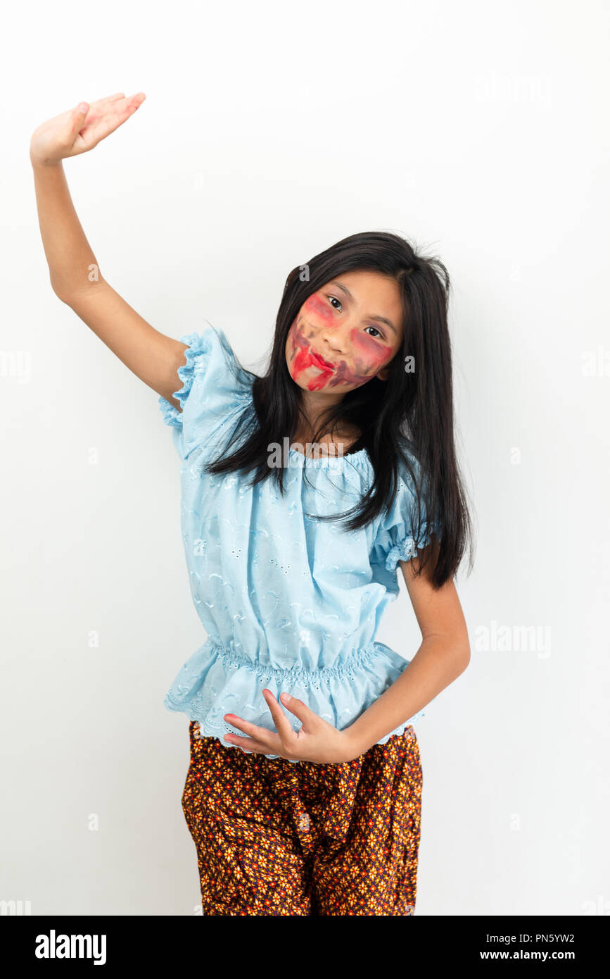 Girl in long hair with thai classical dance ghost in halloween concept ...