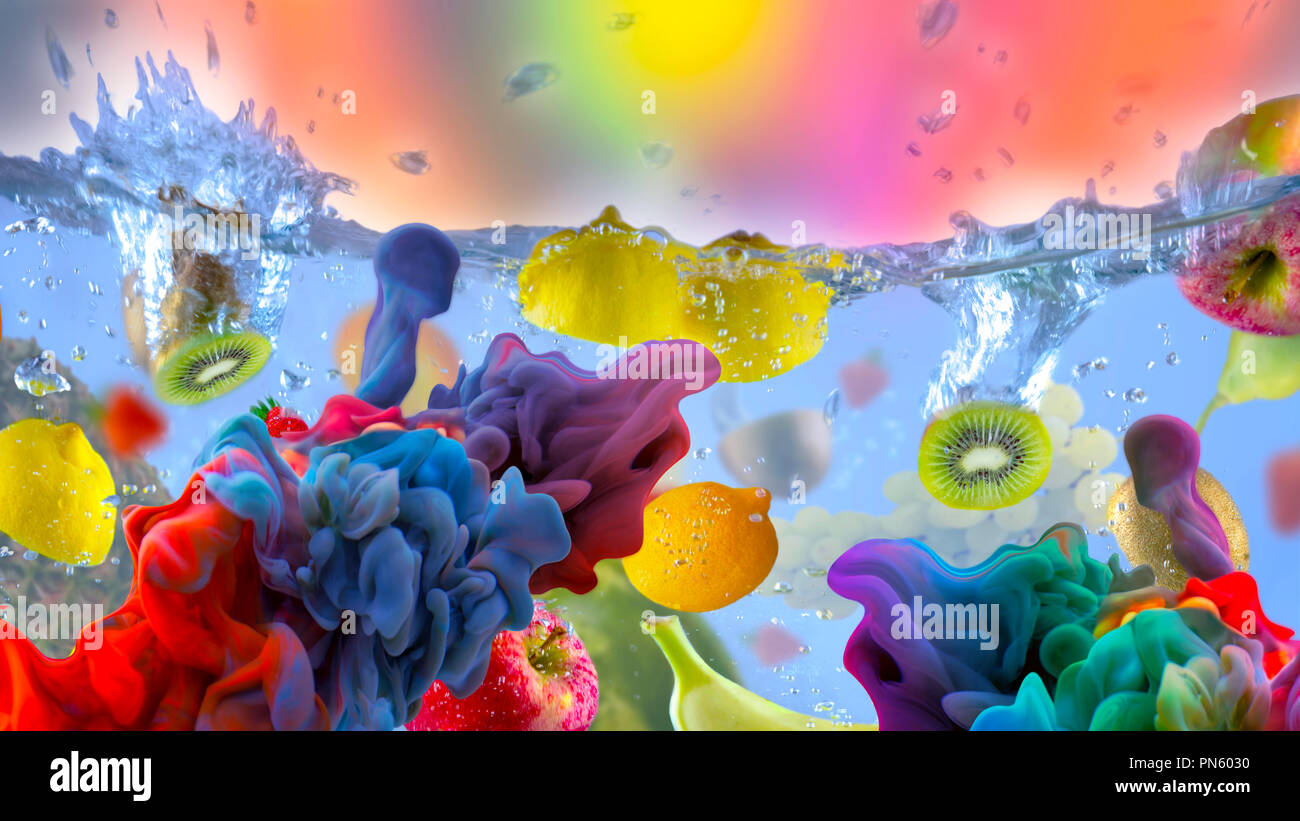 Fresh Fruits shot as they submerged under water background food ...