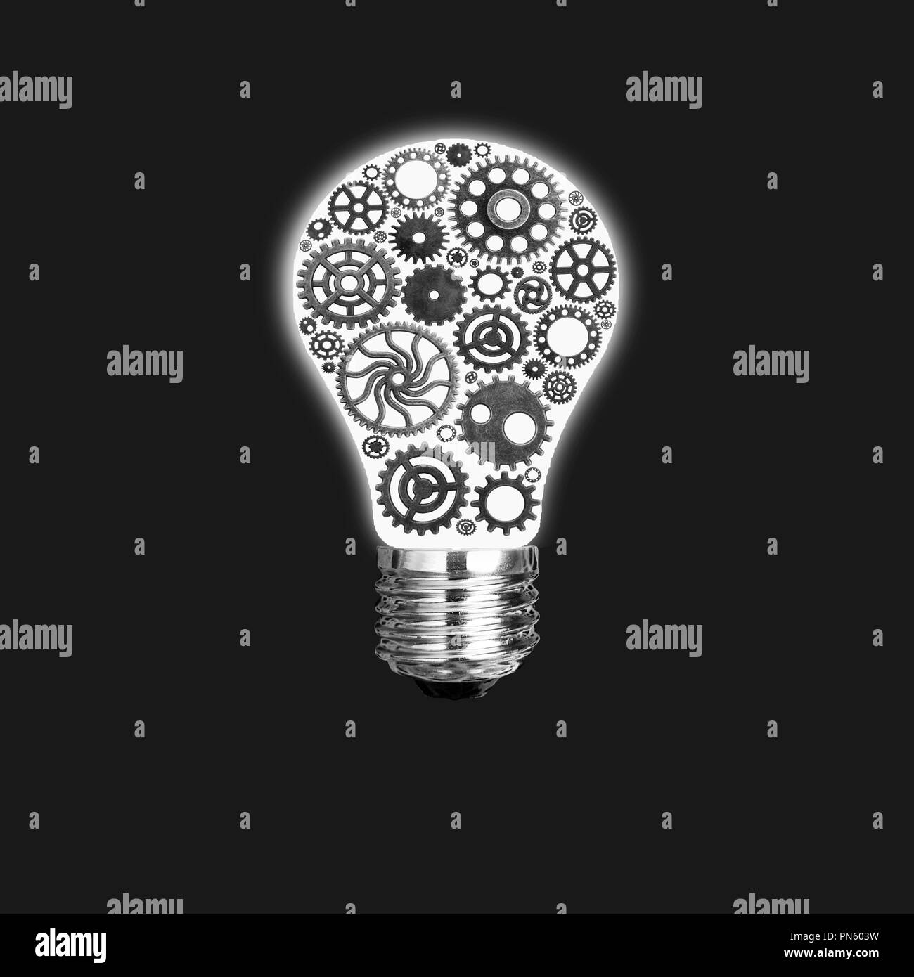 Innovation with ideas and concepts featuring a light bulb cogs working ...