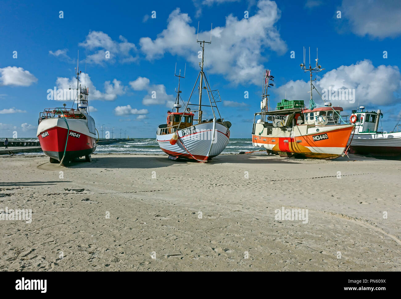 Fishing boats pulled up on the beach at Løkken Vendsyssel, Jylland ...
