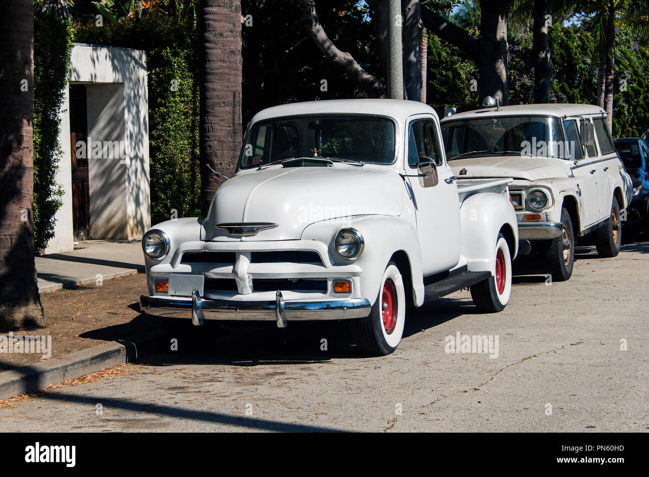 A view of a classic vintage pick up truck car in the street in LA Stock ...