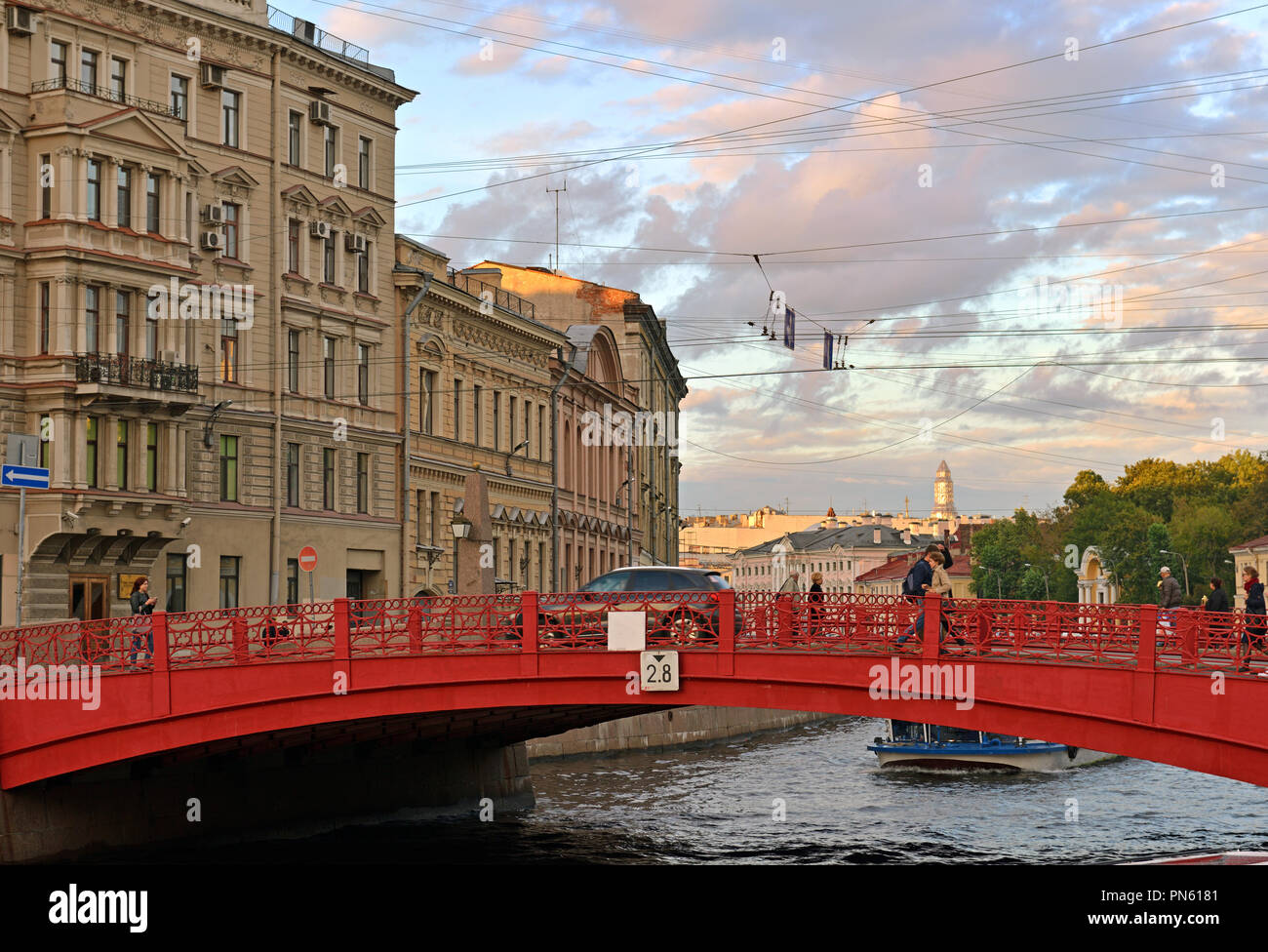 Red Bridge, single-span bridge across Moika River. Bridge is part of ...