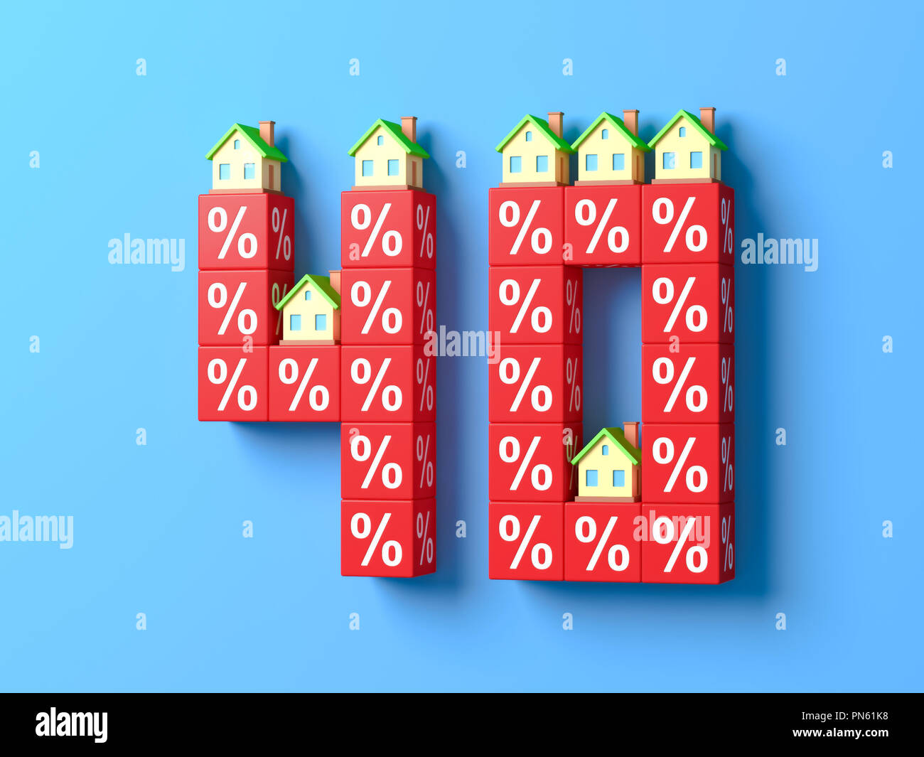 Number Forty With Miniature Houses And Red Percentage Blocks. 3d ...