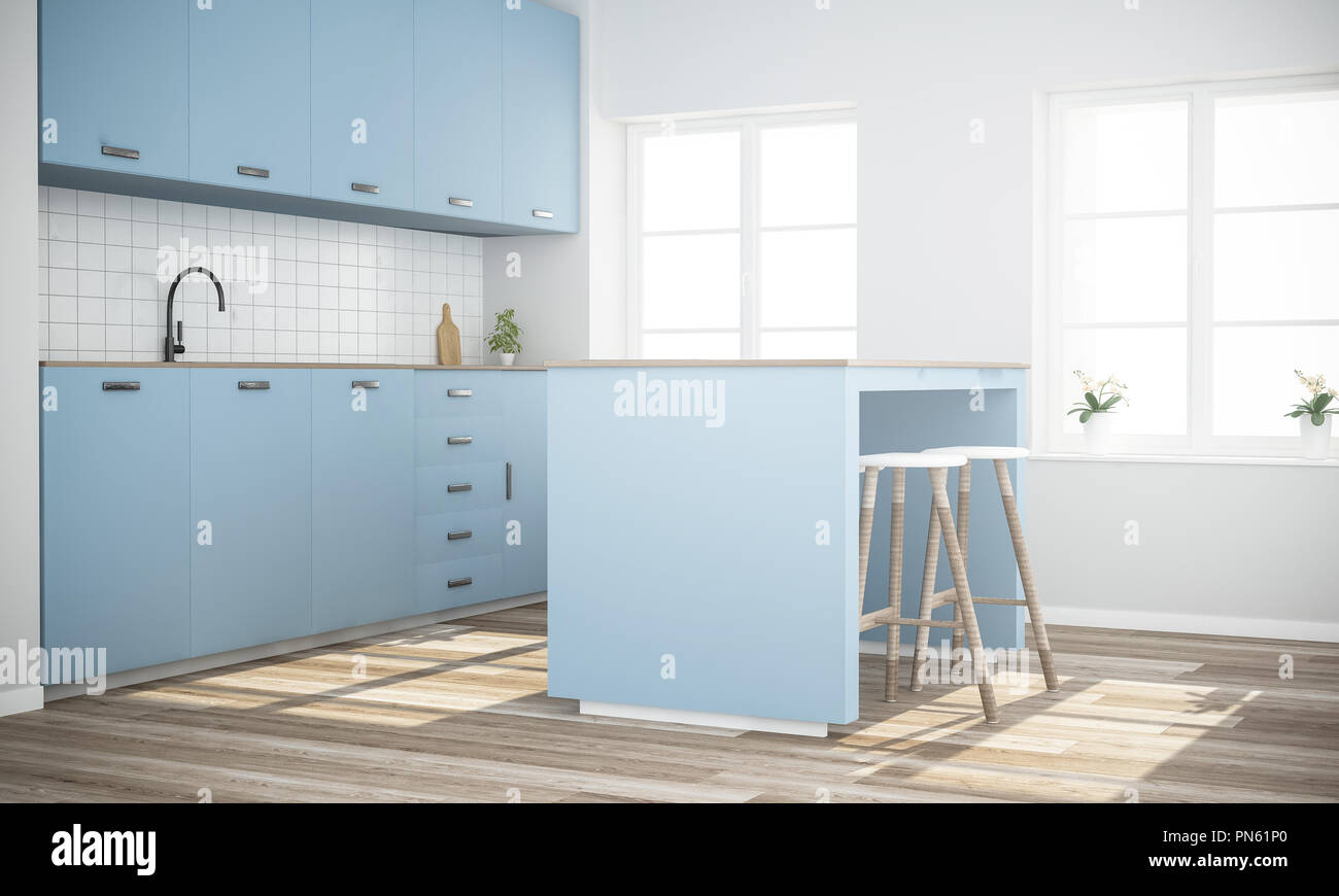 modern blue kitchen with cooking island 3d rendering Stock Photo - Alamy