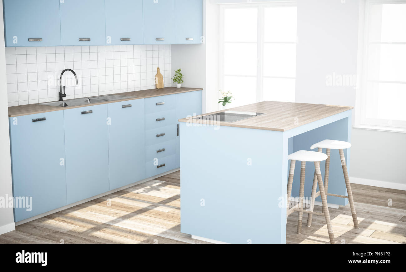blue kitchen with island 3d rendering Stock Photo - Alamy