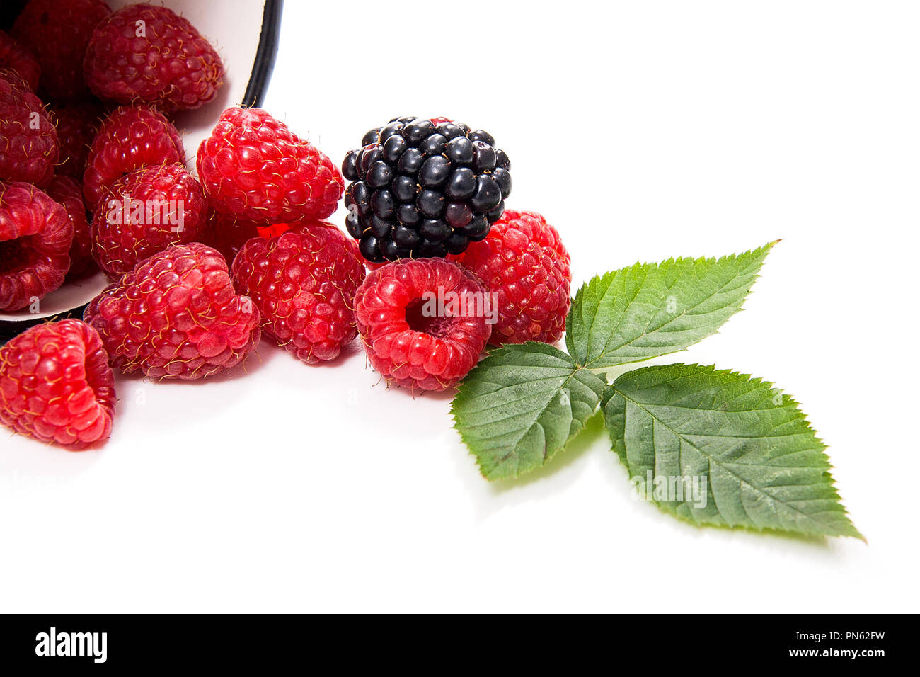 Close up view of white cup with fresh raspberries fruits with big green ...