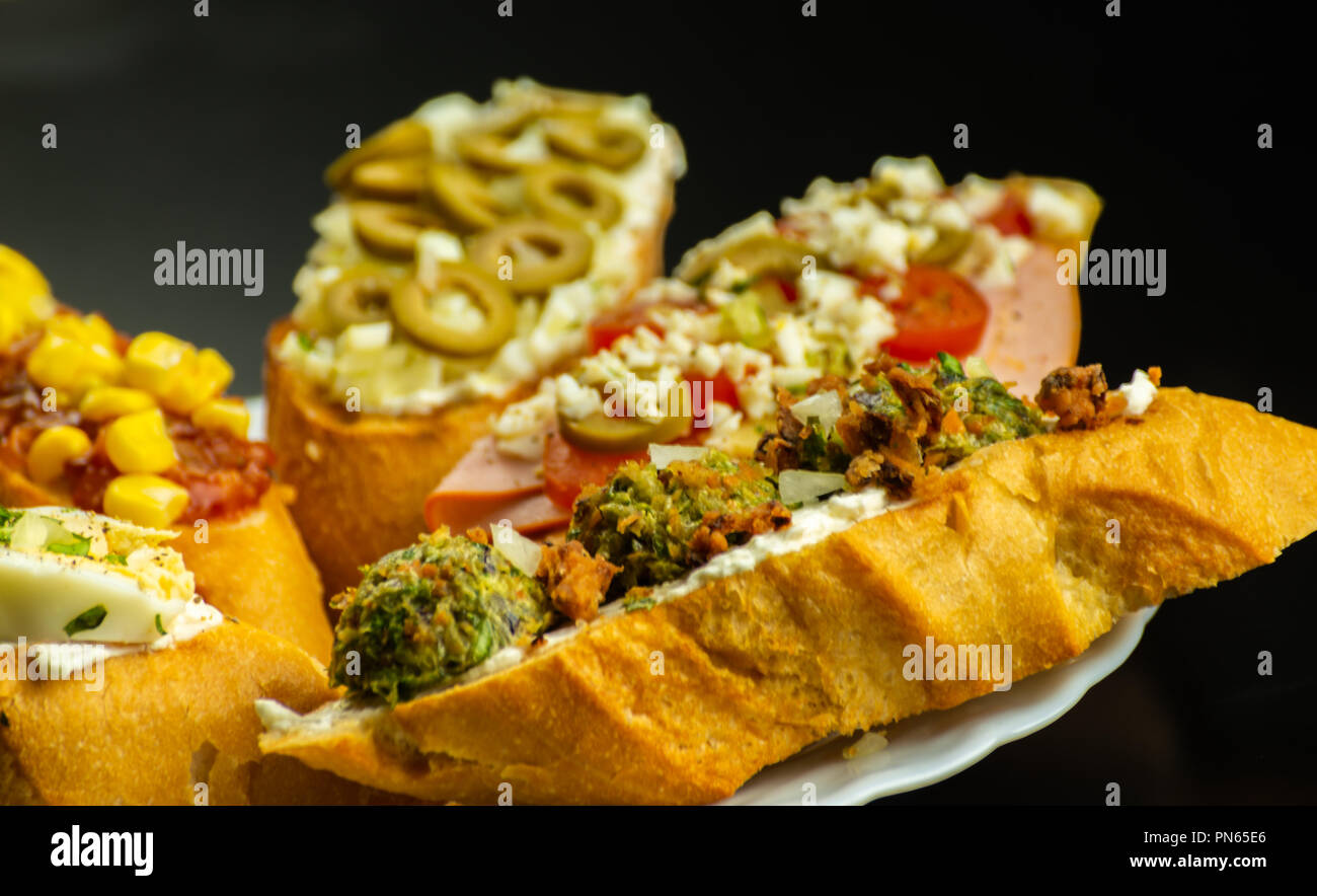 traditional spanish tapas for lunch table, mini sandwiches food set ...
