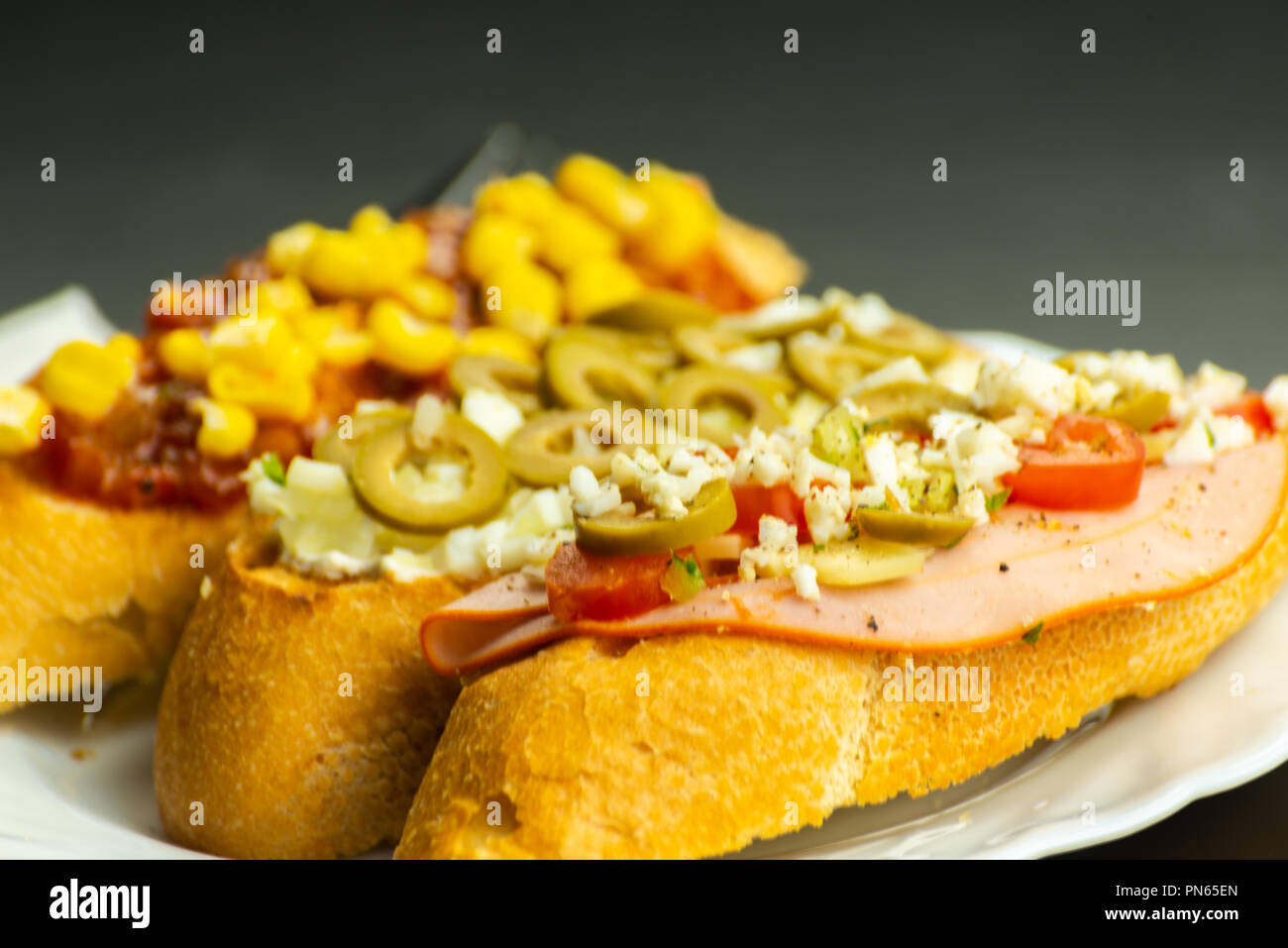 traditional spanish tapas for lunch table, mini sandwiches food set ...