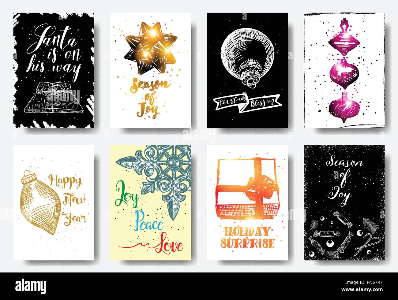 Set of Christmas and New Year greeting cards with handwritten brush ...