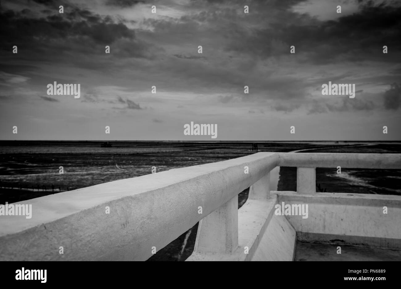 Black and white scene of mud beach at tide with grey sky and clouds ...