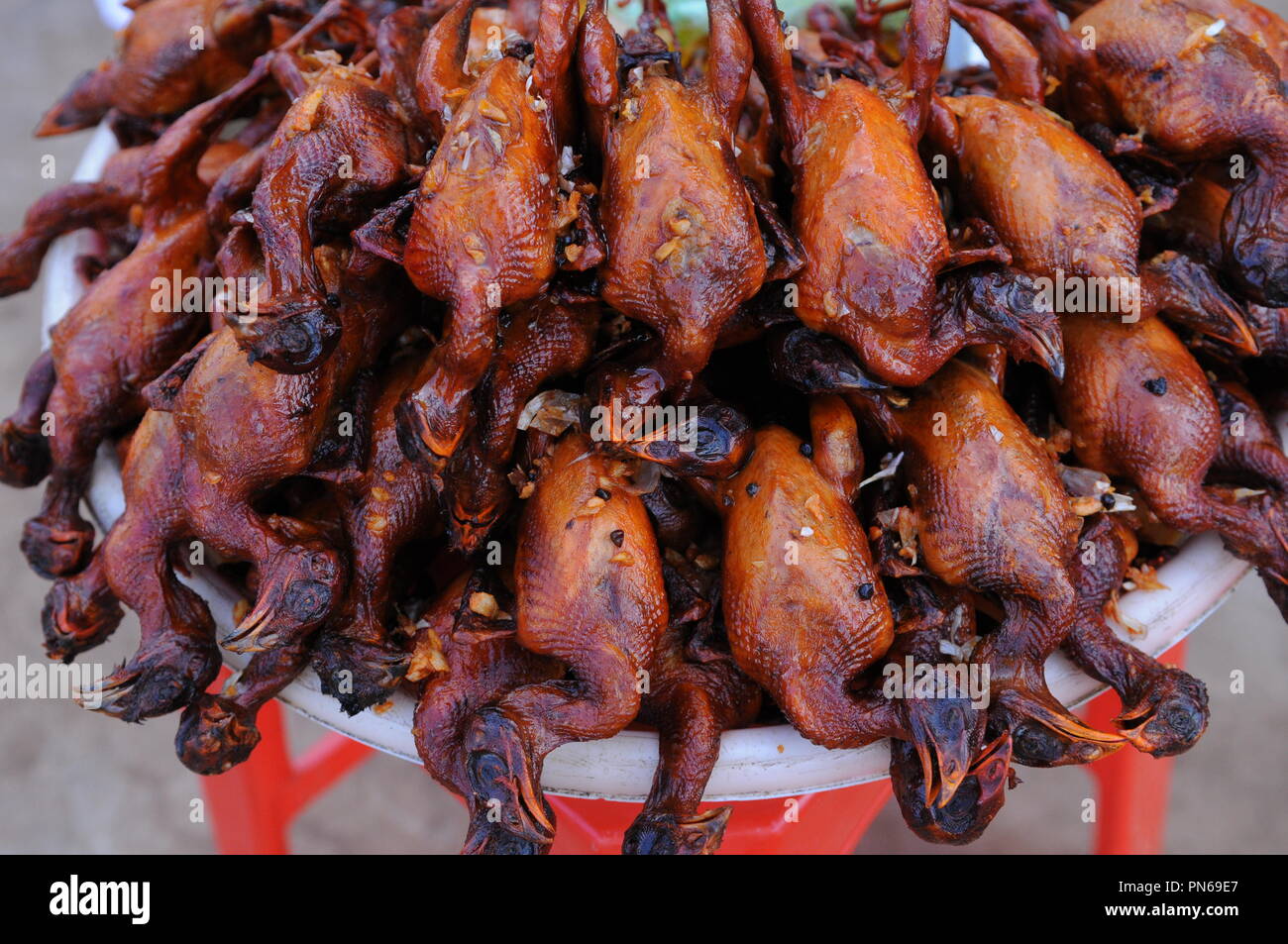 Fried bird display at a local open air market. Skuon, Kampong Cham ...