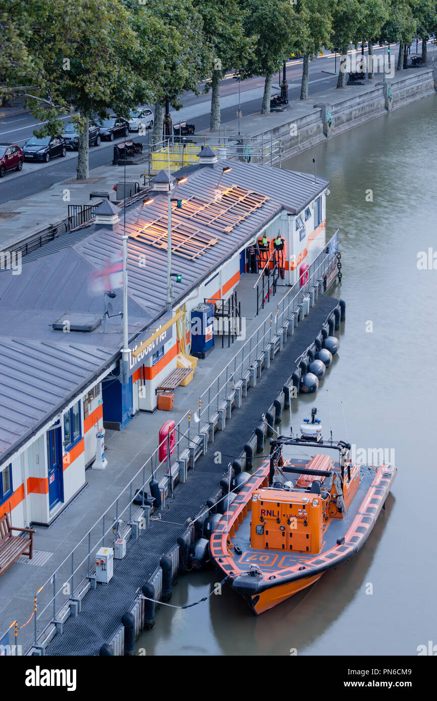London RNLI Lifeboat Pier with water craft from Waterloo bridge, the E ...