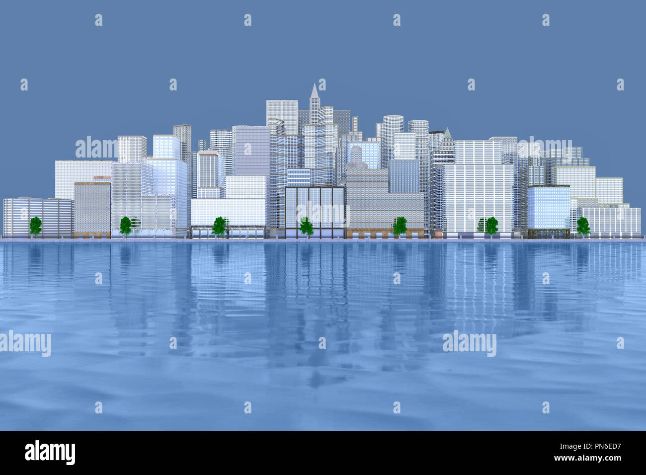 3D illustration. City skyline on Blue background with reflection Stock ...
