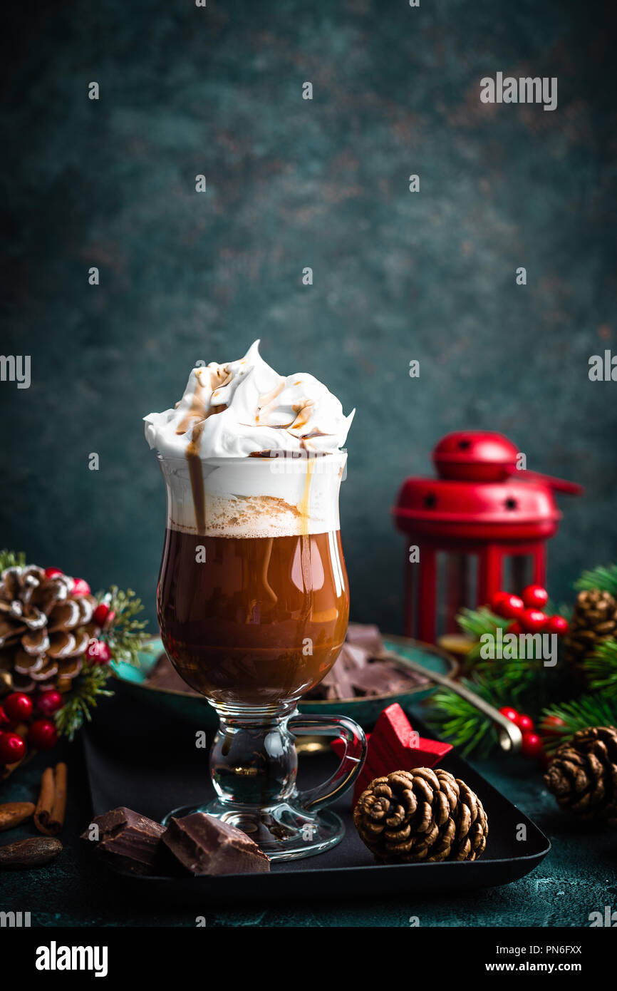 Hot chocolate with whipped cream with Christmas decorations Stock Photo ...
