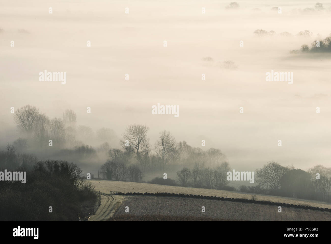 Beautiful foggy English countryside landscape at sunrise in Winter with ...