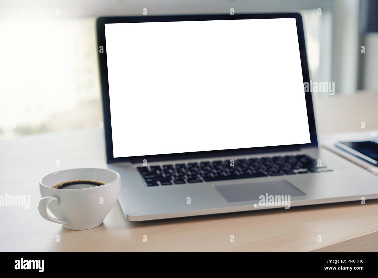 man of business man hand working on laptop computer blank white screen ...