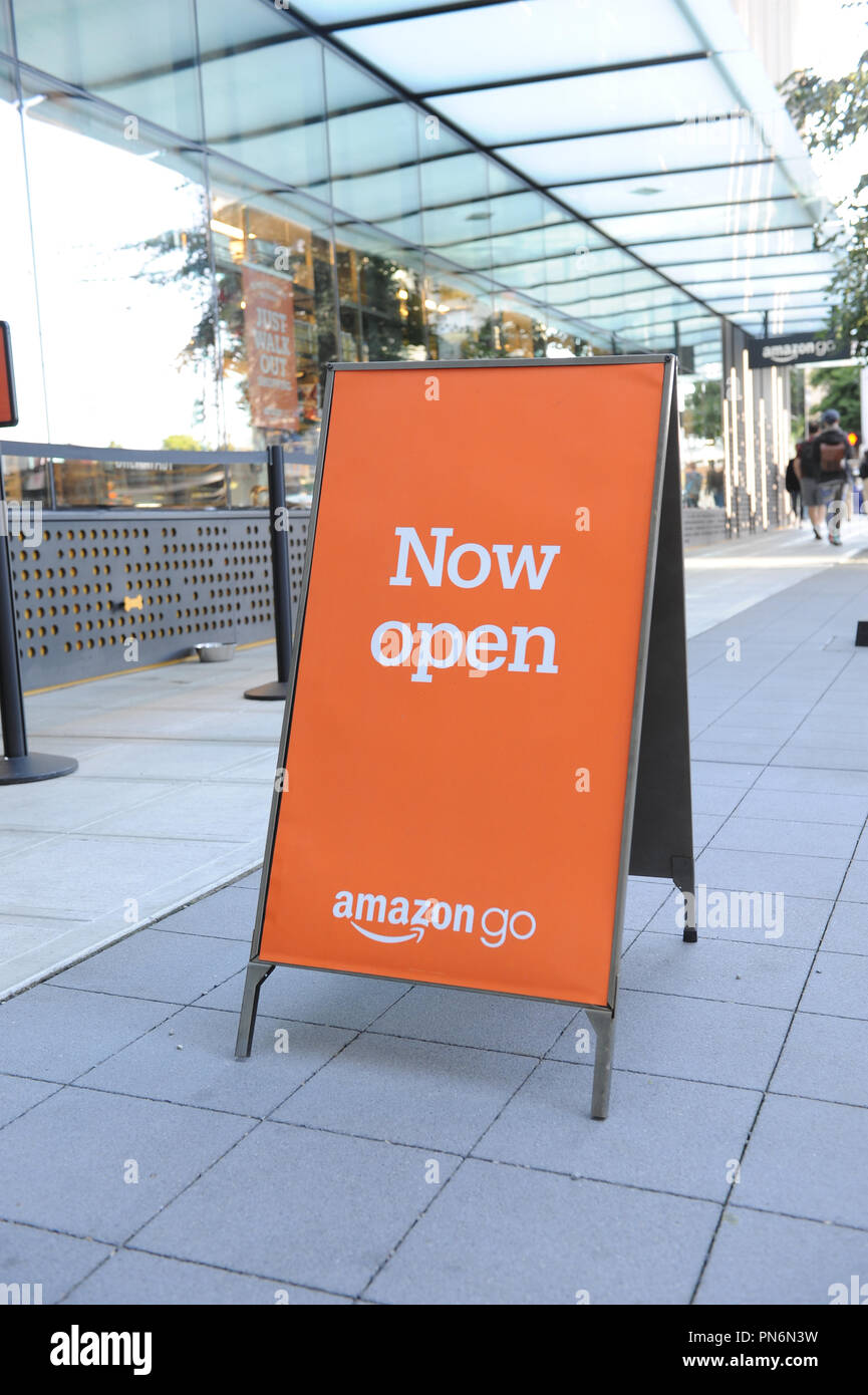 Seattle, USA. 19th Sep, 2018. There is a sign in front of an "Amazon Go ...
