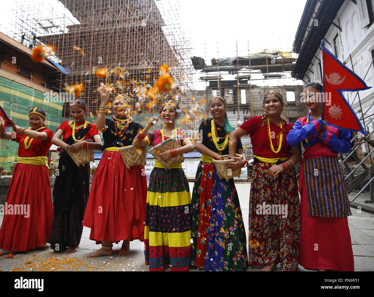 Kathmandu, Nepal. 20th Sep, 2018. Nepalese girls dressed in cultural ...