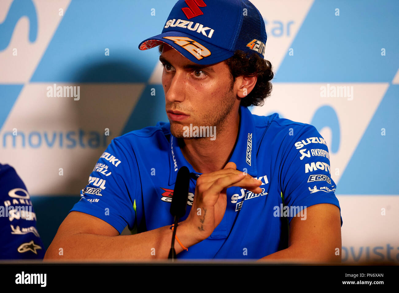 Alex Rins (42) of Spain and Team Suzuki Ecstar in the press conference ...