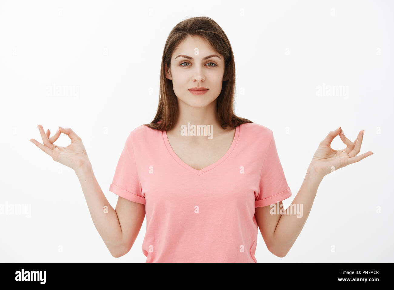 Girl feeling relieved and relaxed after meditating, ready to start day ...
