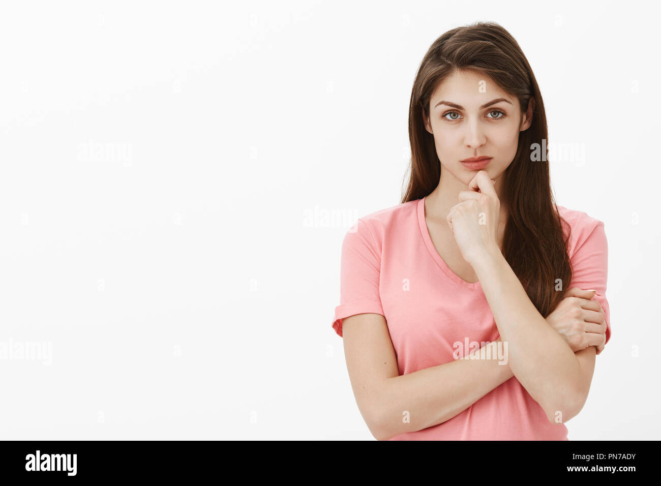 Girl stares with disbelief, hearing lies from boyfriend. Portrait of ...