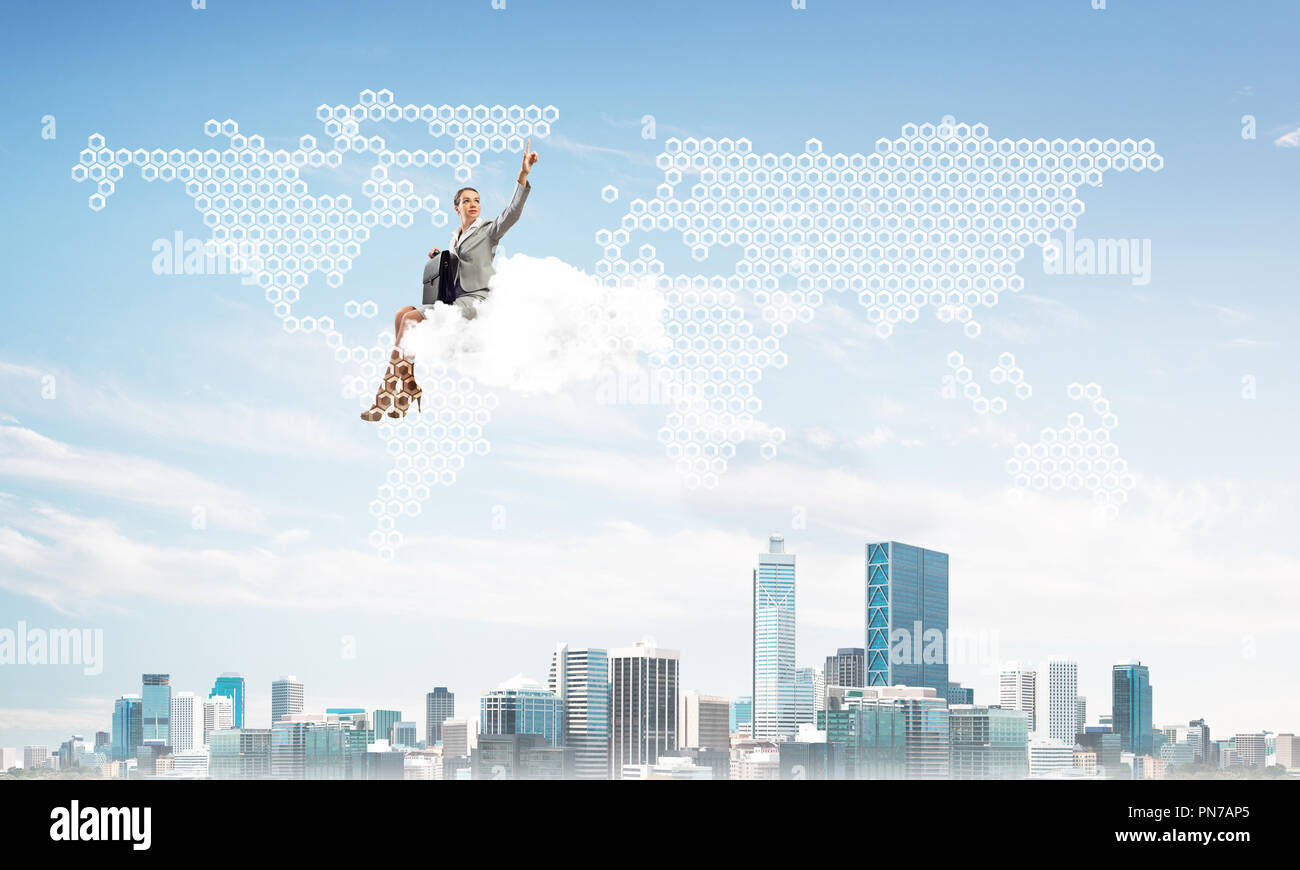 Elegant lady boss or accountant float on cloud and pointing with finger ...