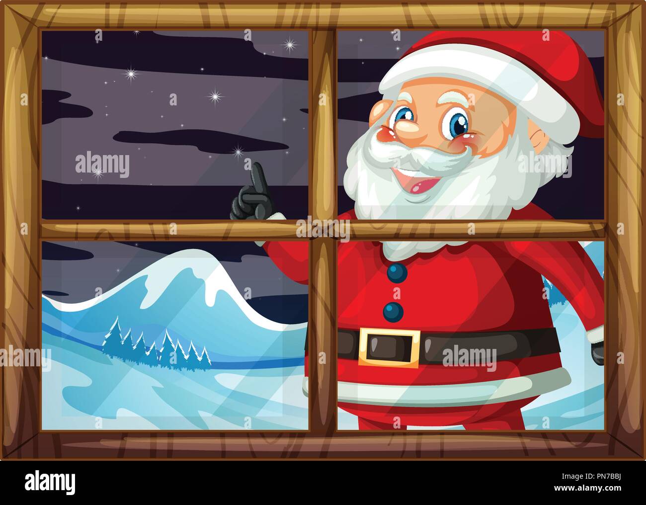 A santa claus smiling outside the window illustration Stock Vector ...