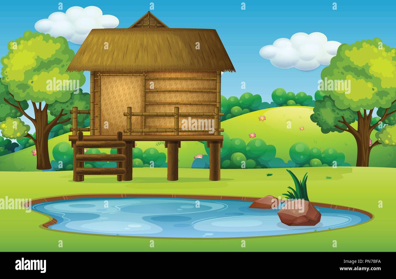 Hut in pond nature scene illustration Stock Vector Image & Art - Alamy