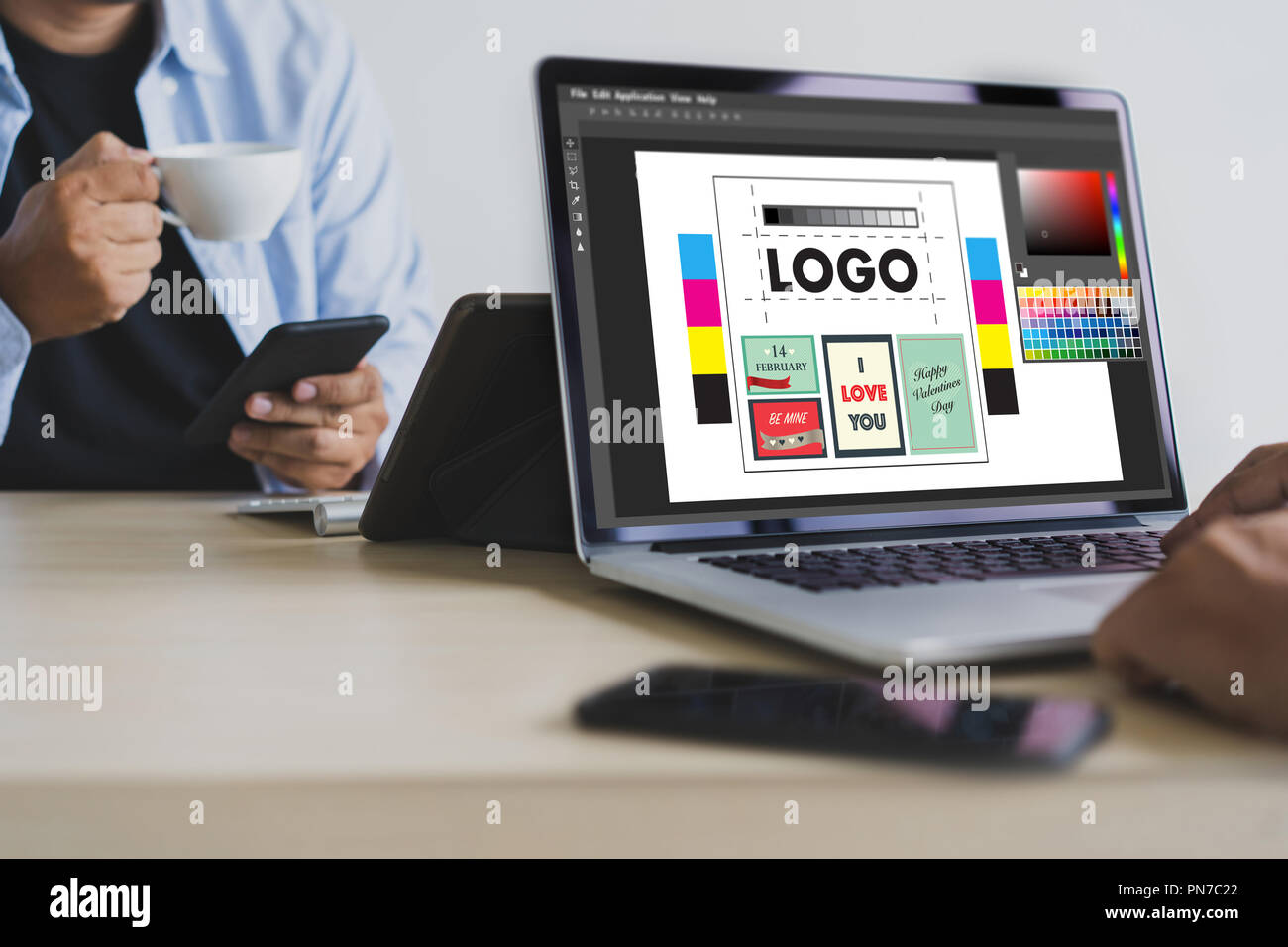 Creative Designer Graphic at work. Color swatch samples, Illustrator ...