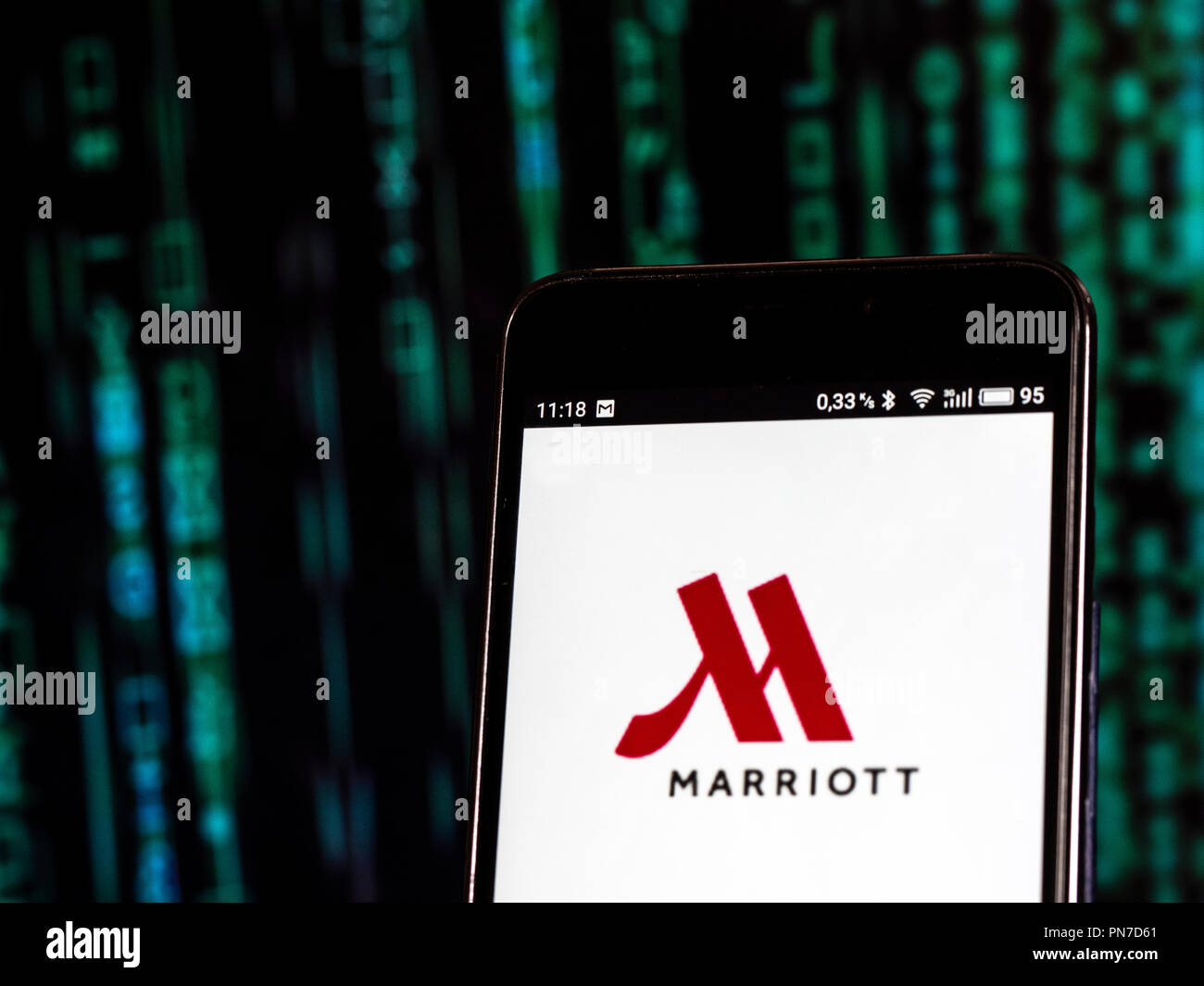 Marriott International logo seen displayed on smart phone. Marriott ...