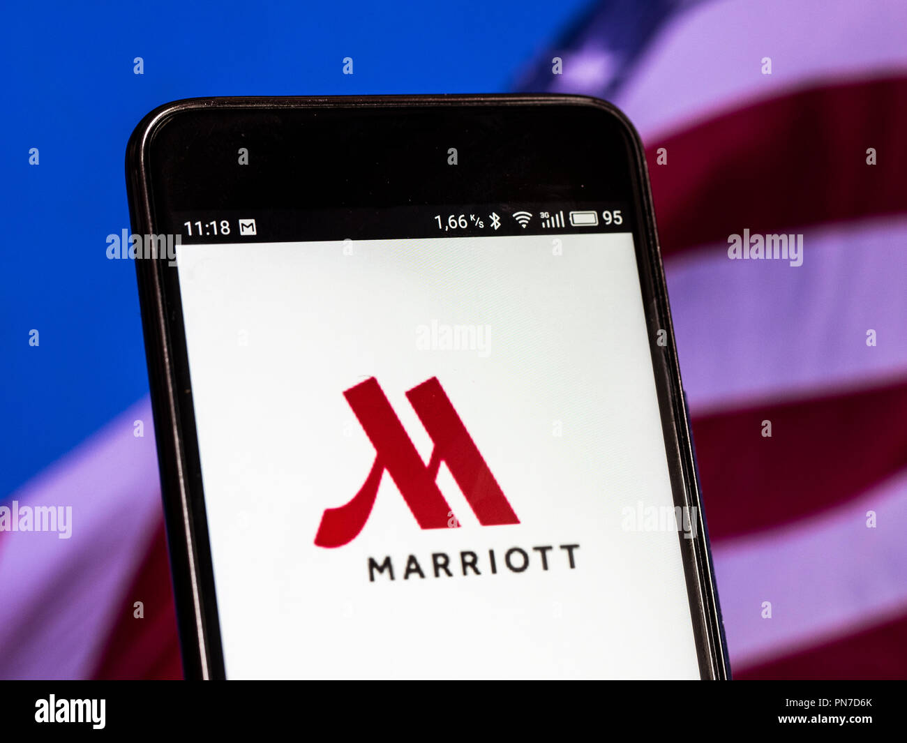 Marriott International logo seen displayed on smart phone. Marriott ...