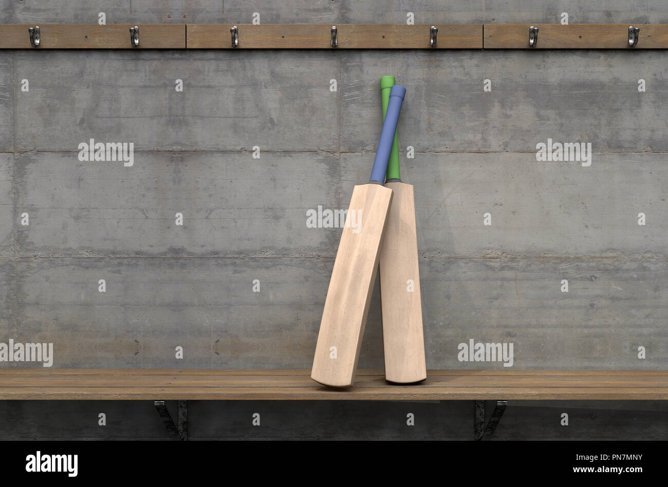 Two cricket bats on a wooden bench in a rundown sports locker change ...