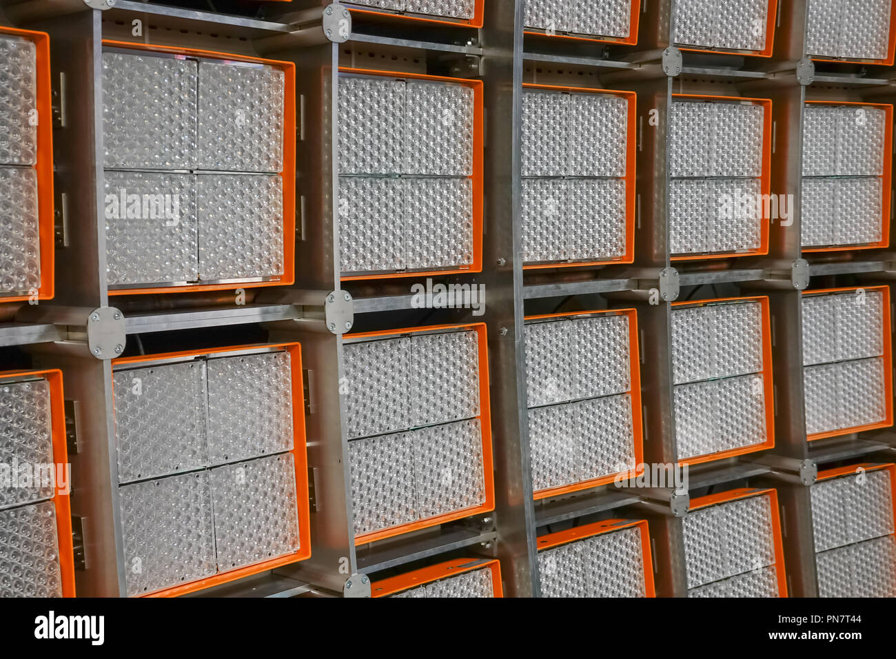 Close-up view of a giant LED wall for testing solar power systems in a ...