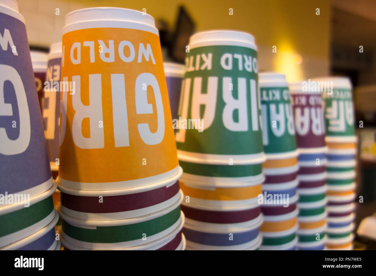 Cardboard and plastic cups at Giraffe Stop cafe, King's Cross station ...